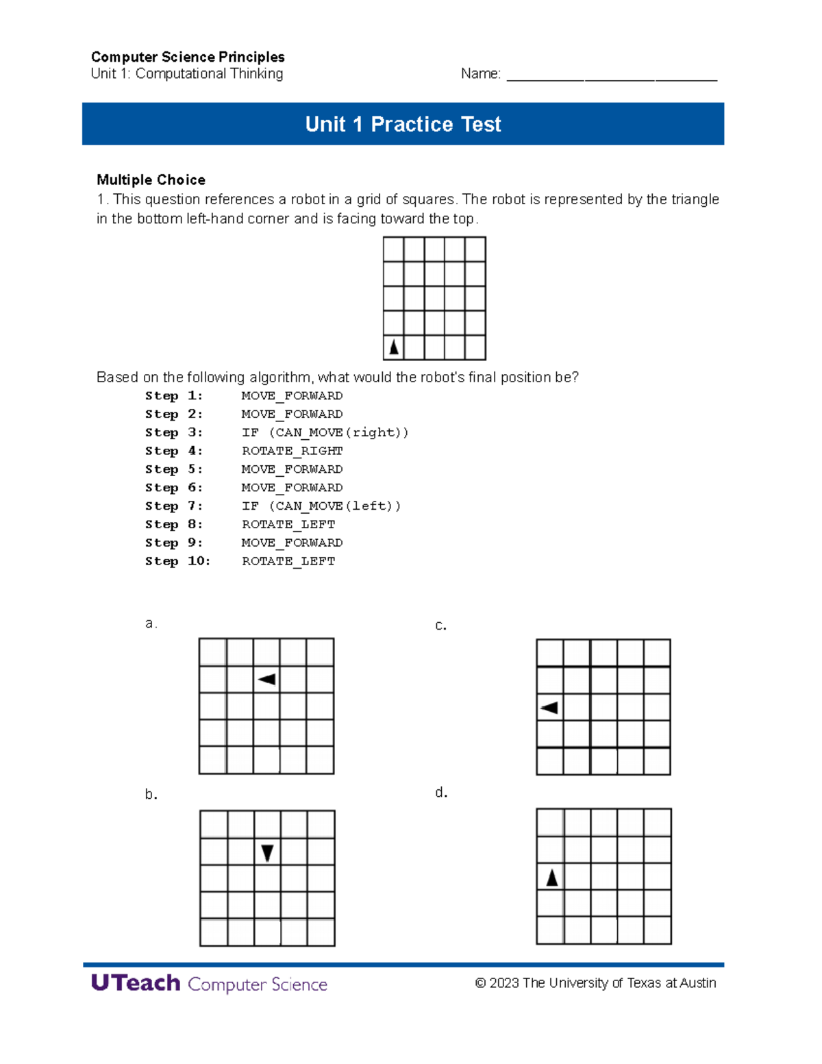 Unit1Practice Test Blank - Unit 1: Computational Thinking Name