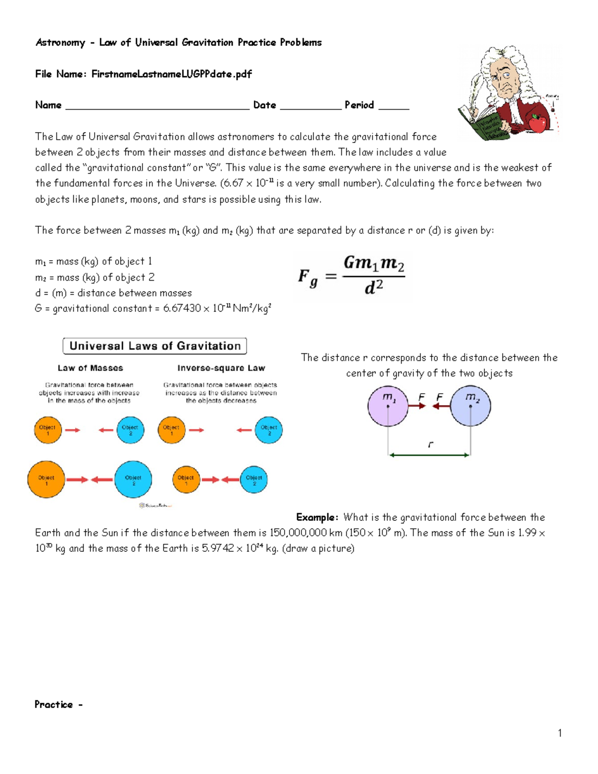 04.1 Law of Universal Gravitation Practice Problems - The law includes ...