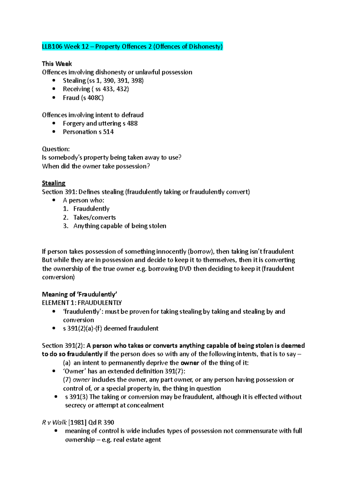 Week 12 – Property Offences 2 (Offences of Dishonesty) - LLB106 Week 12 – Property Offences 2 ...