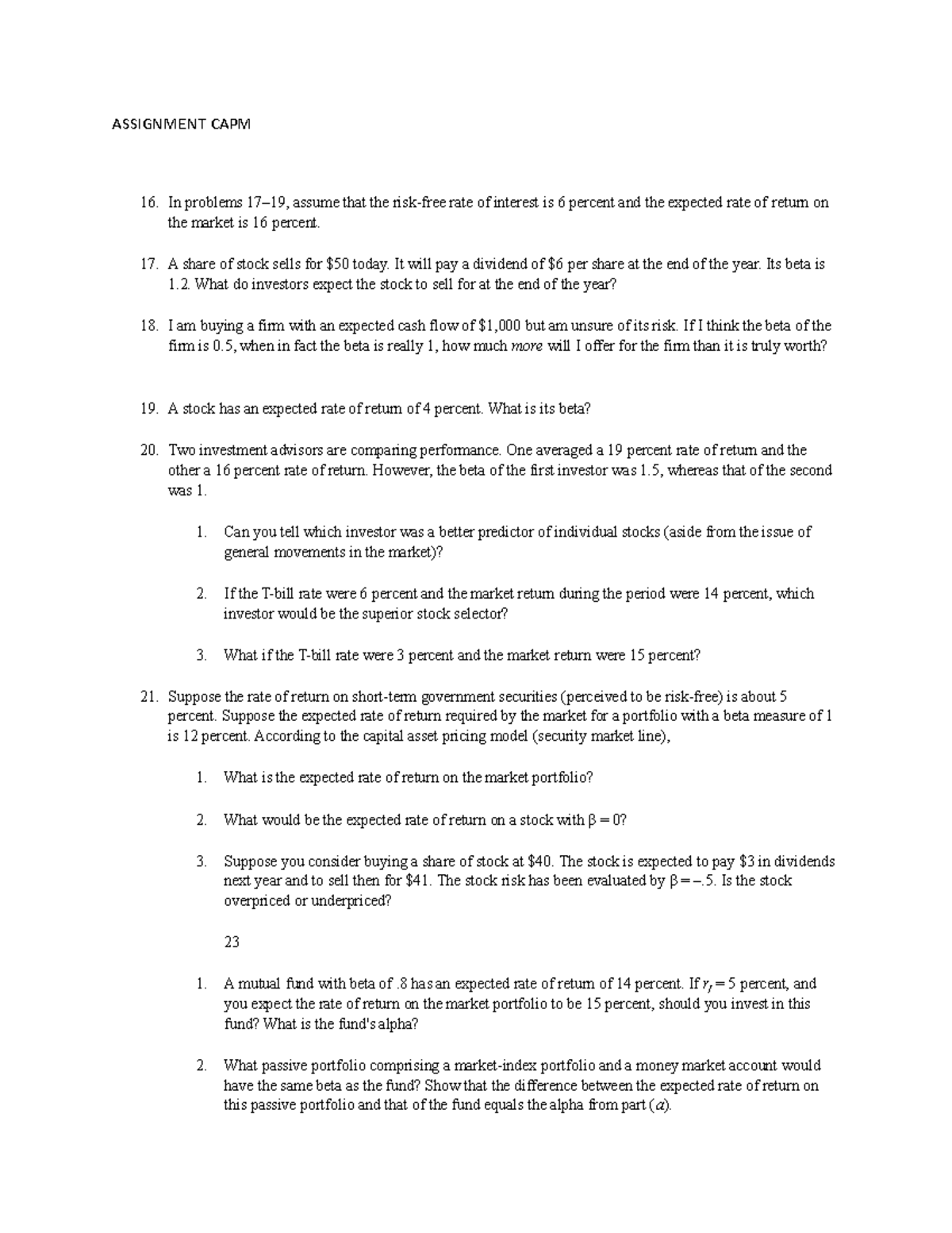 Assign+CAPM - CAPM - ASSIGNMENT CAPM In problems 17–19, assume that the ...
