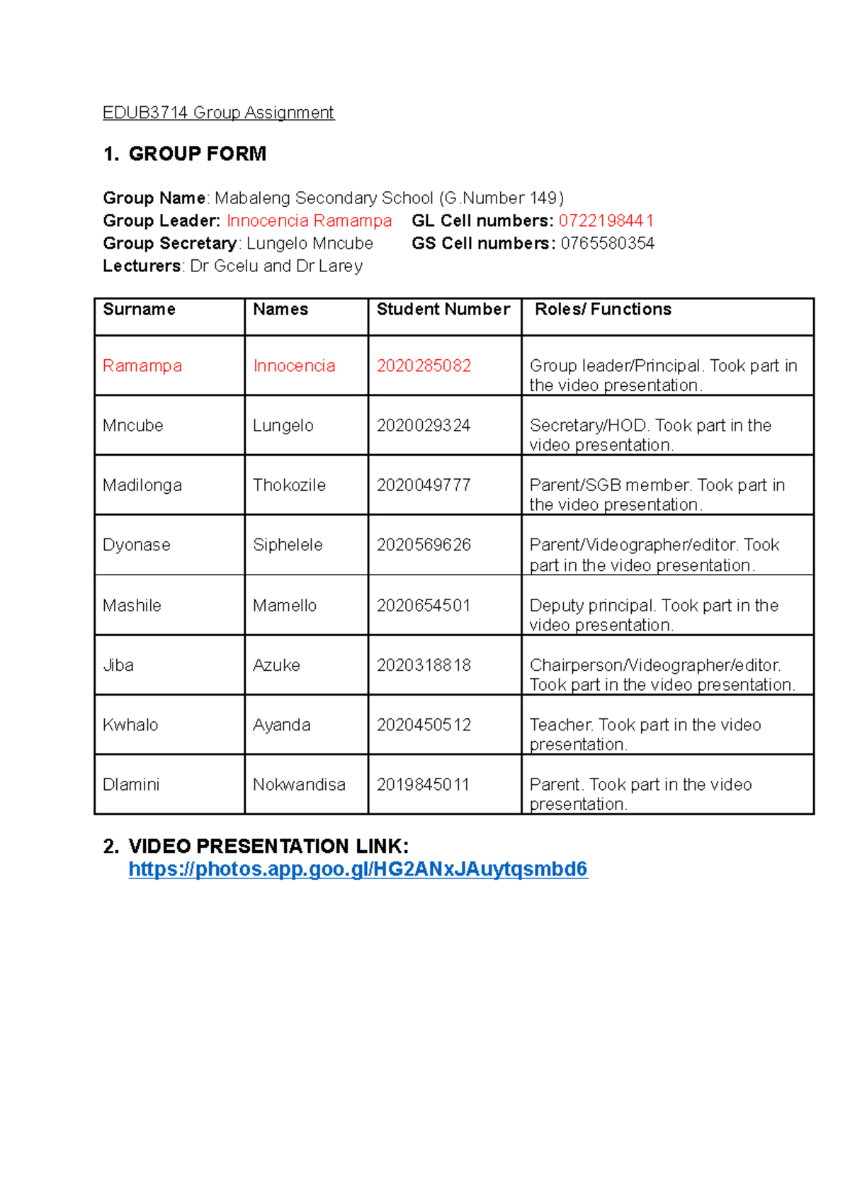 Mabaleng Group assignment -1 - EDUB3714 Group Assignment 1. GROUP FORM ...