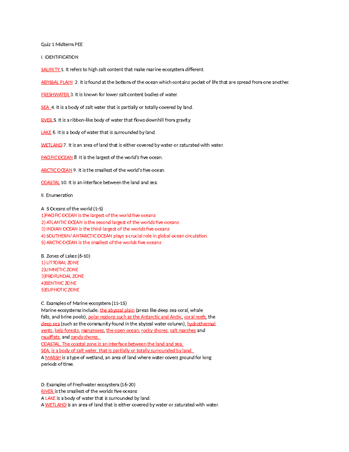 Midterms-PEE- Reviewer - Quiz 1 Midterm PEE I. IDENTIFICATION SALINITY ...