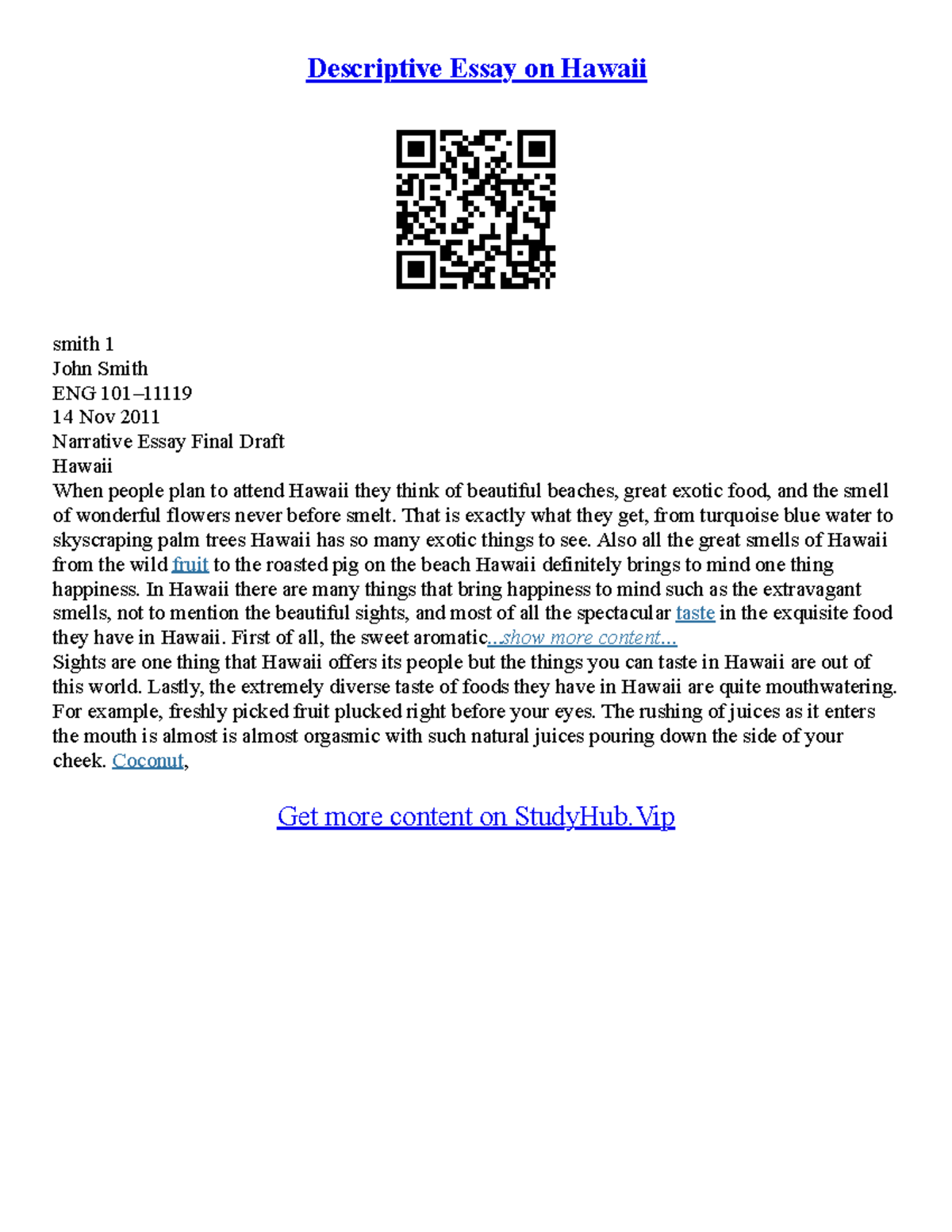 Essay On Hawaii - Descriptive Essay on Hawaii smith 1 John Smith ENG ...
