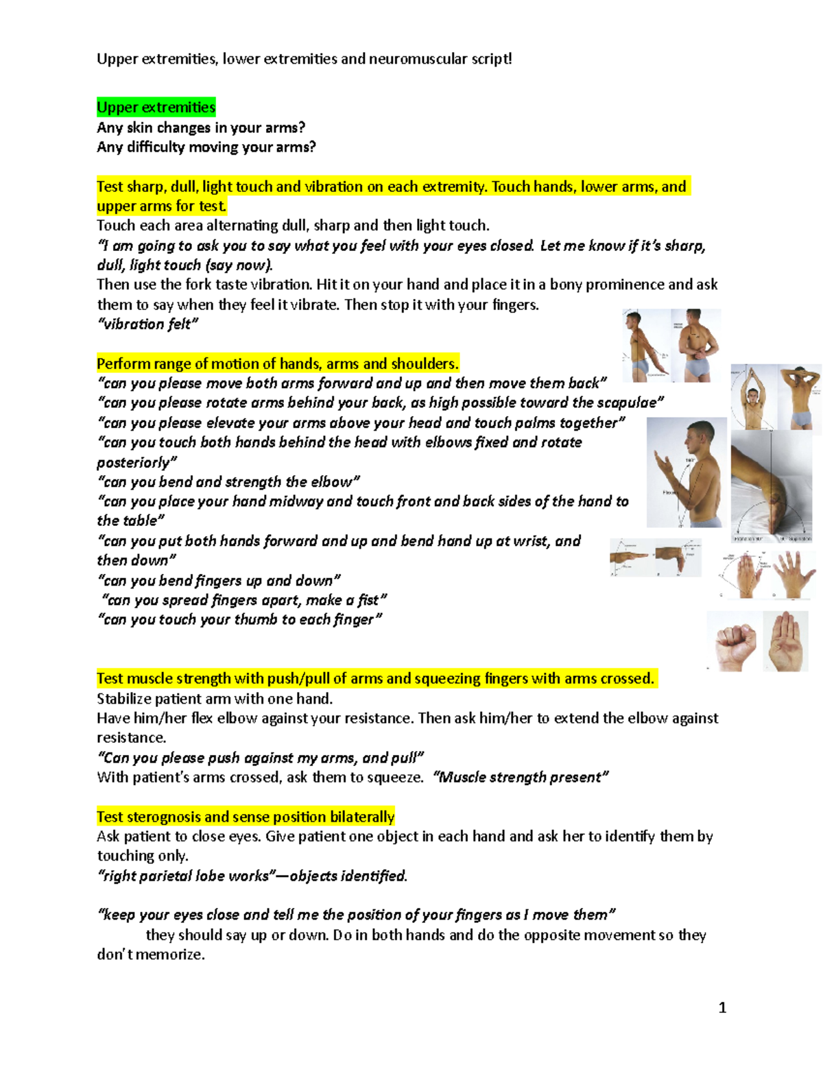 Upper Extremities, Lower Extremities and Neuromuscular Script - Upper ...