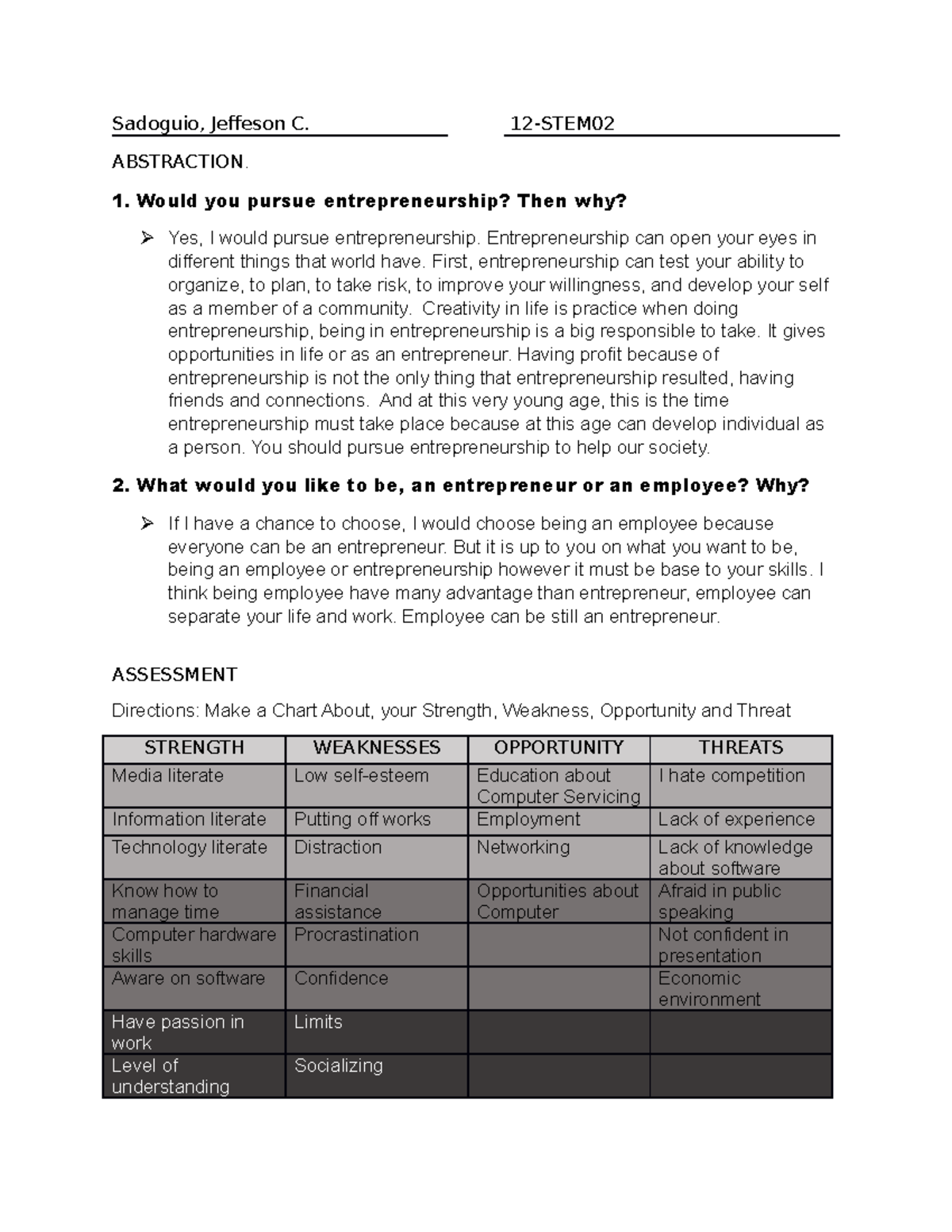 Entrep swot - Sadoguio, Jefeson C. 12-STEM ABSTRACTION. Would you ...
