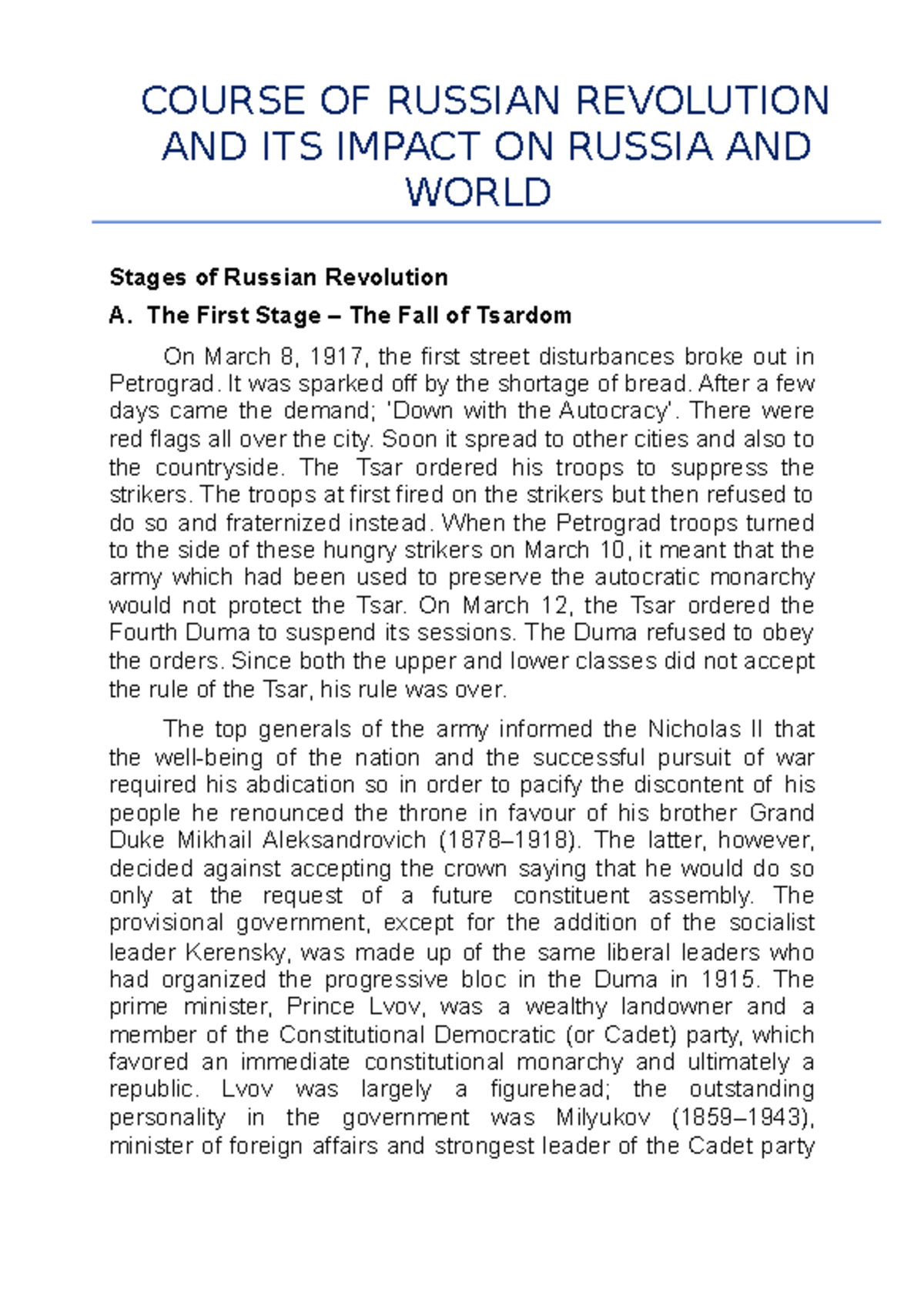 Course OF Russian Revolution AND ITS Impact ON Russia AND World ...