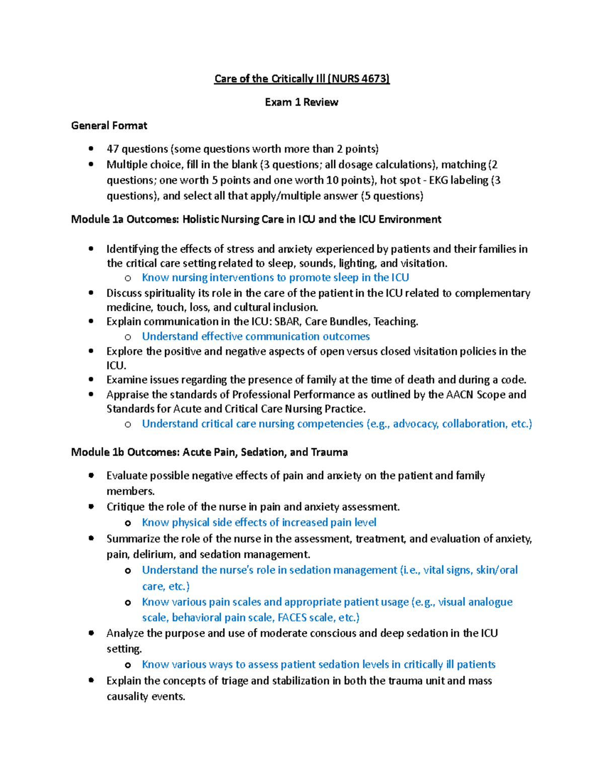 Critical Care Exam 1 Review Guide - Care of the Critically Ill (NURS ...