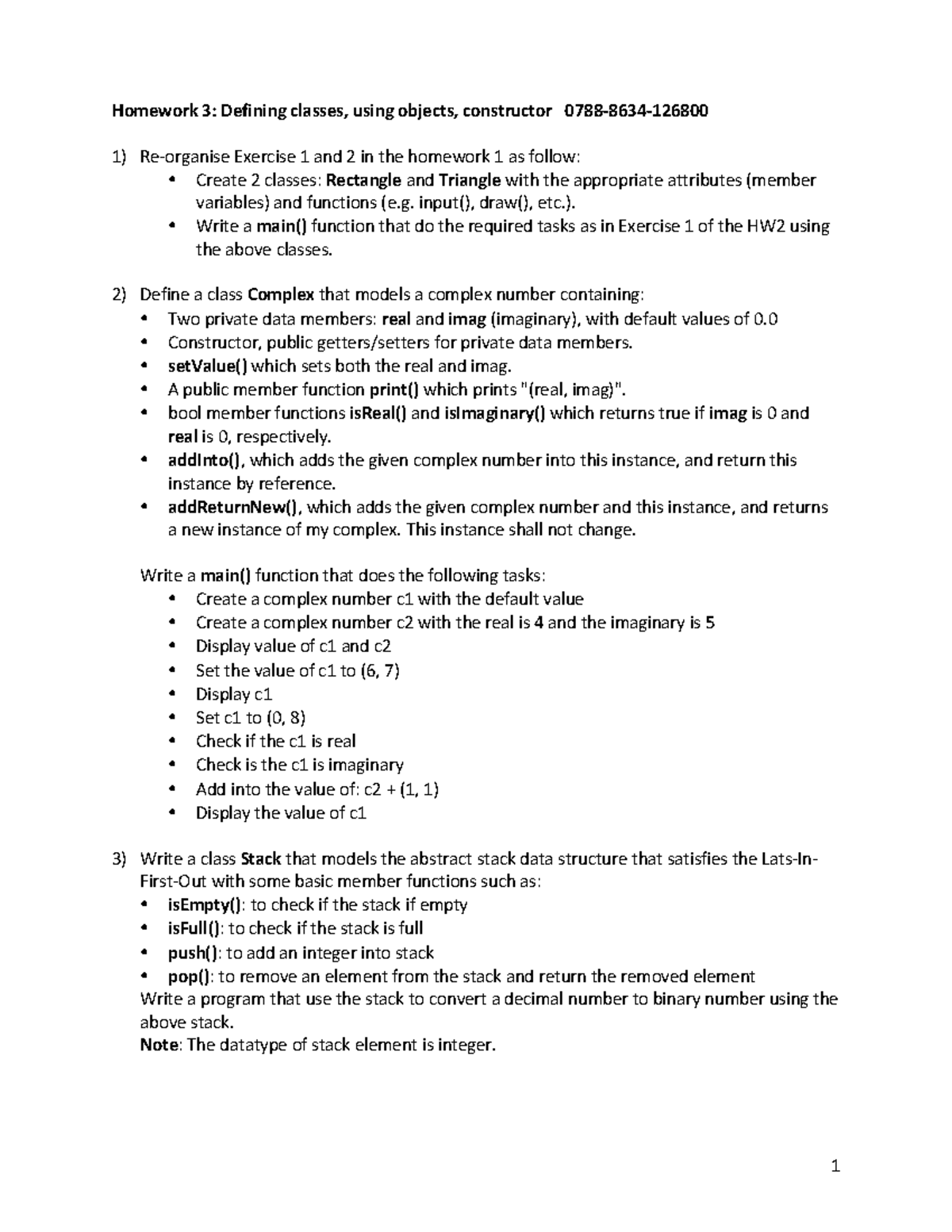 Hw3 - bài tập 2 - 1 Homework 3 : Defining classes, using objects, constructor 0788 - 8634 ...