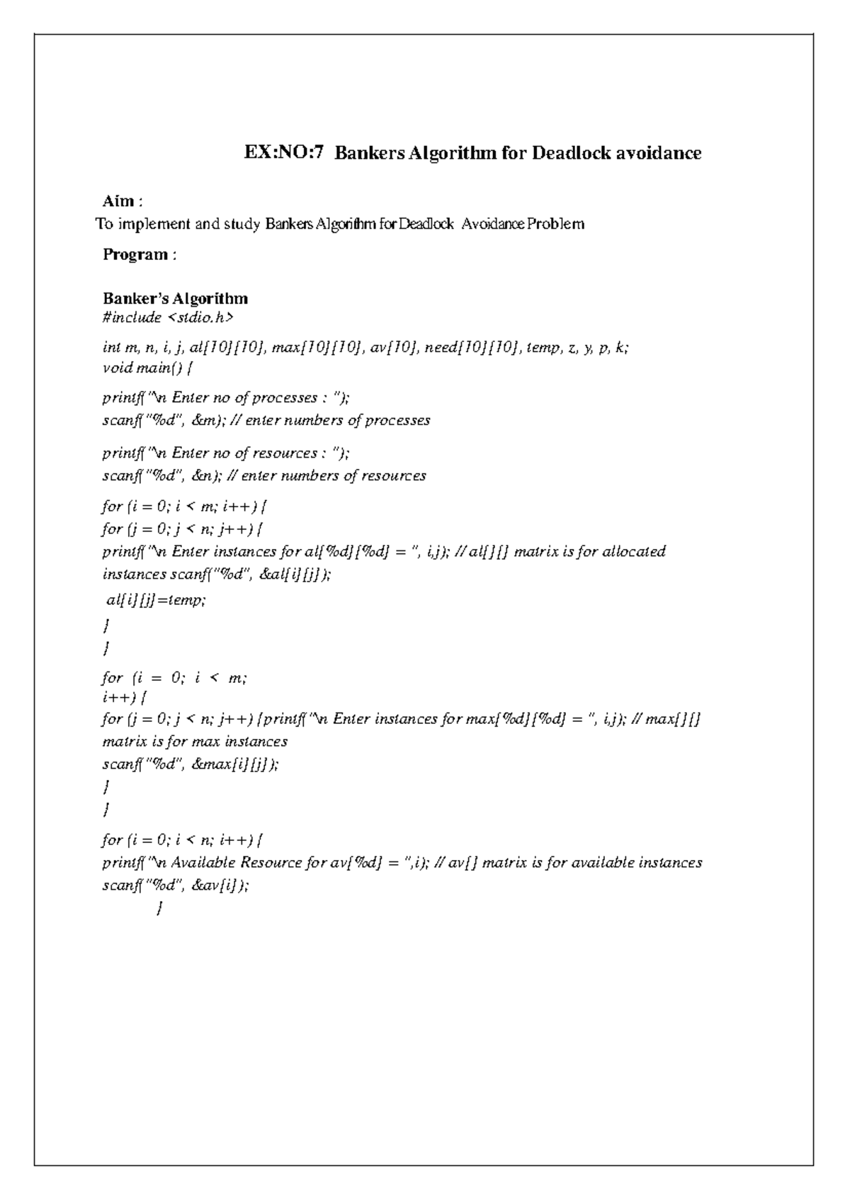 OS Lab Ex 7 to 15 240927 111402 - EX:NO:7 Bankers Algorithm for ...