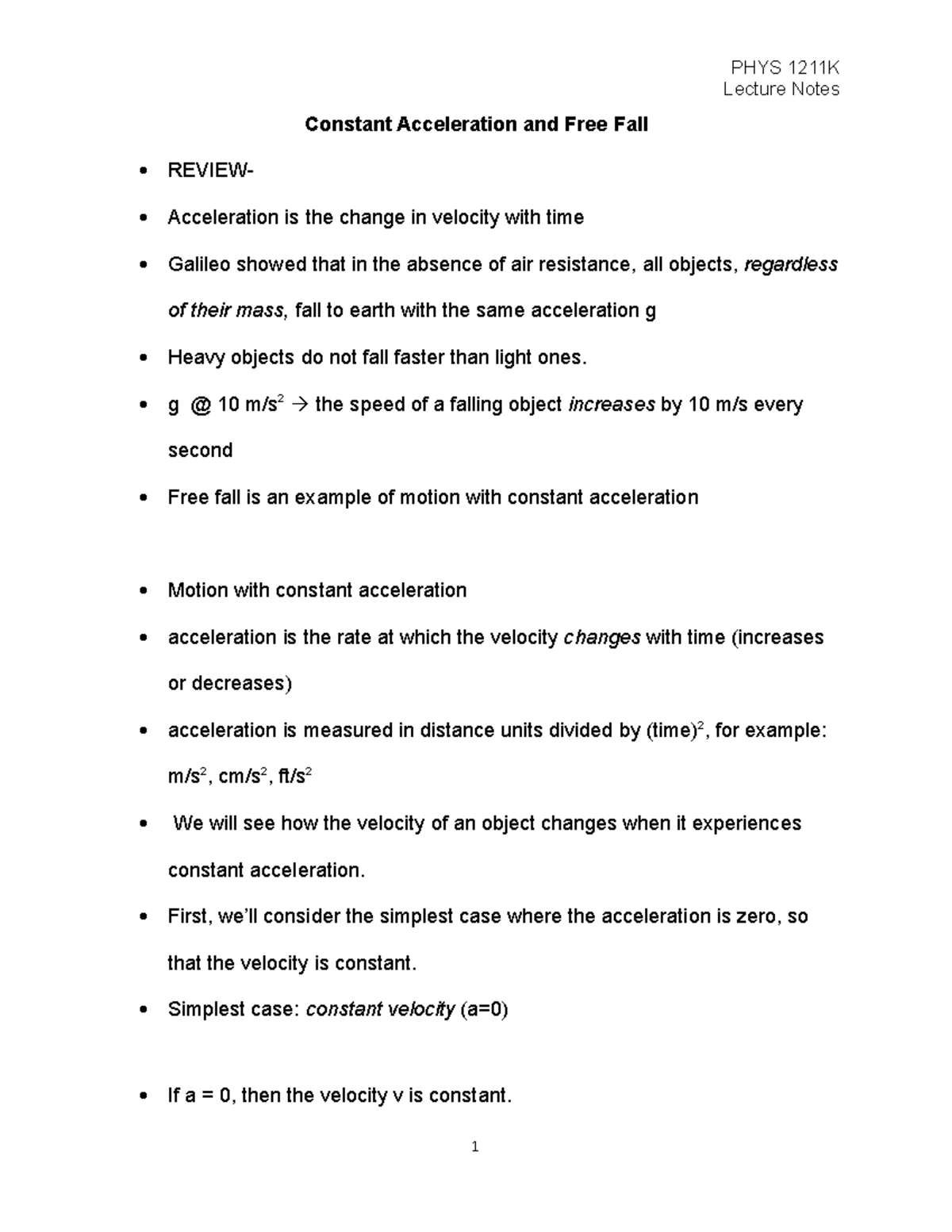2021-PHYS1211K-Physics-Lecture-Notes-Mechanics-Constant Acceleration ...