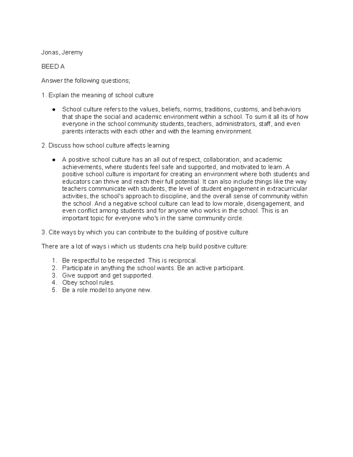 School Culture Jonas 2 - this is doc - Jonas, Jeremy BEED A Answer the ...