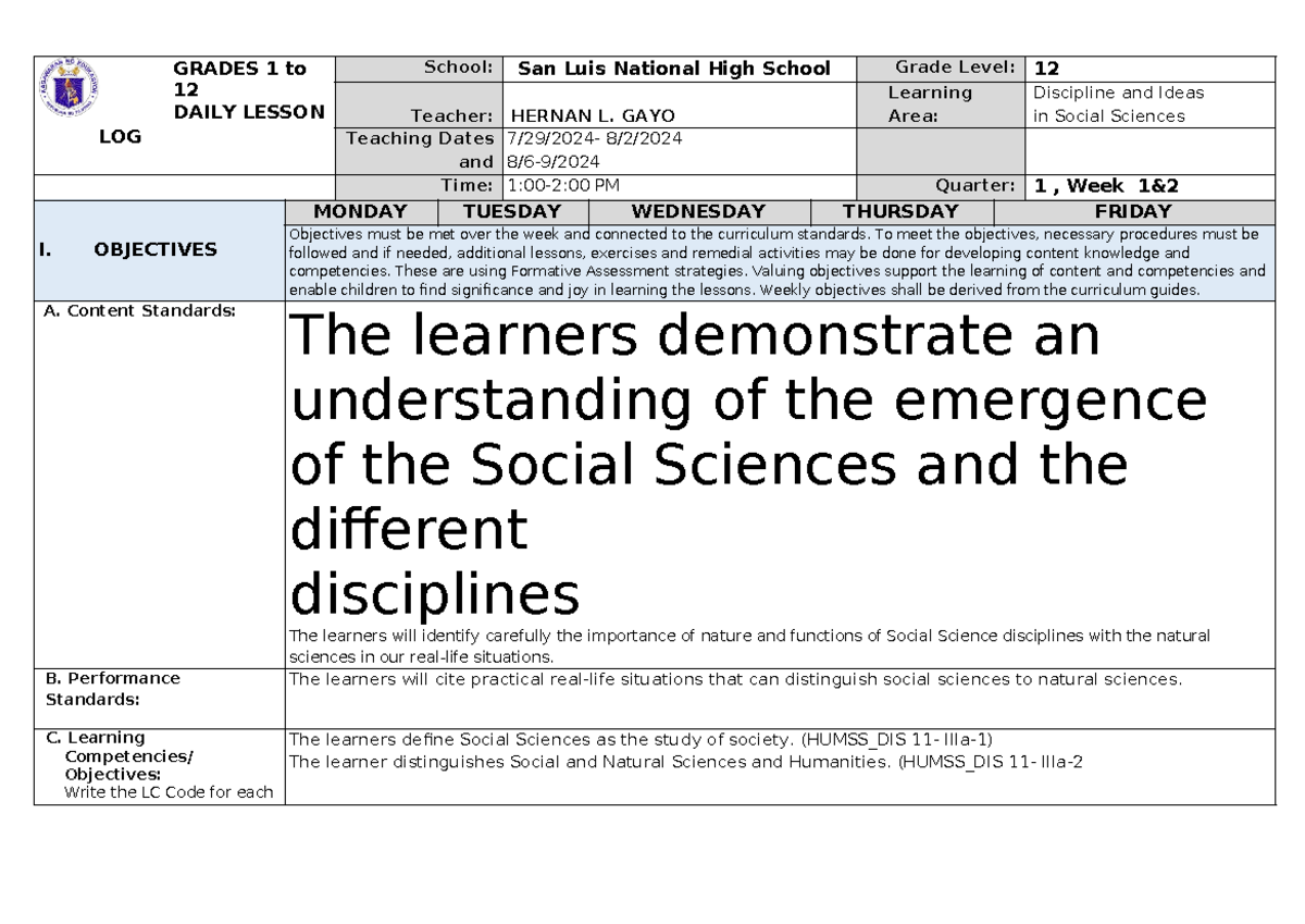 Humms WEEK 1&2 - personal need - GRADES 1 to 12 DAILY LESSON LOG School ...