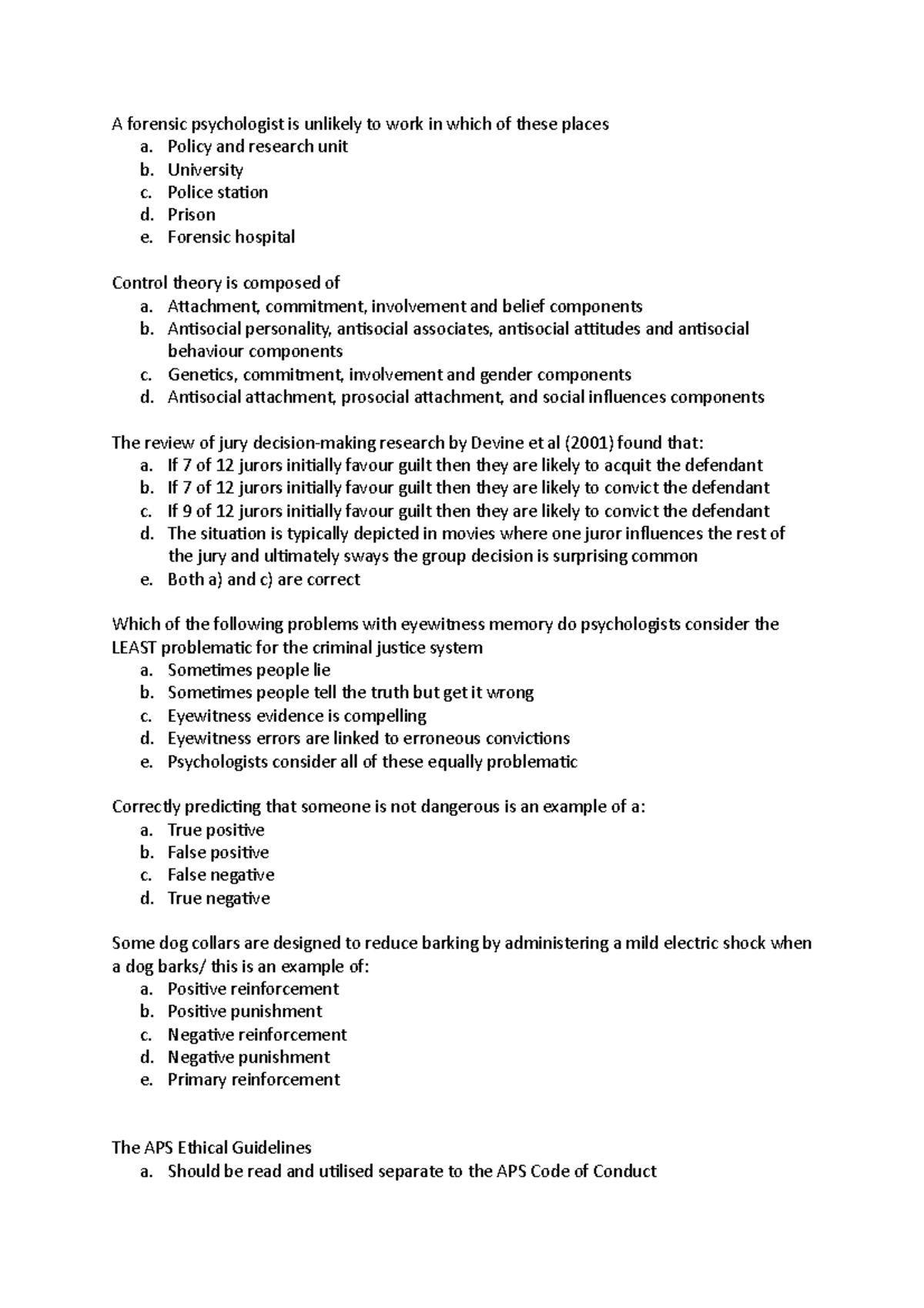 PSYC 1027 practice exam q's - A forensic psychologist is unlikely to ...