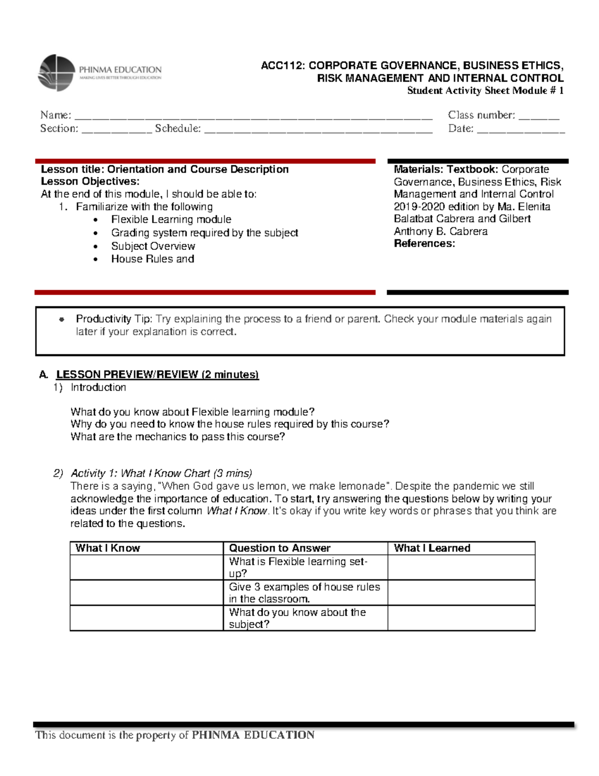 ACC-112-SAS1 - Module 1 - RISK MANAGEMENT AND INTERNAL CONTROL Student ...