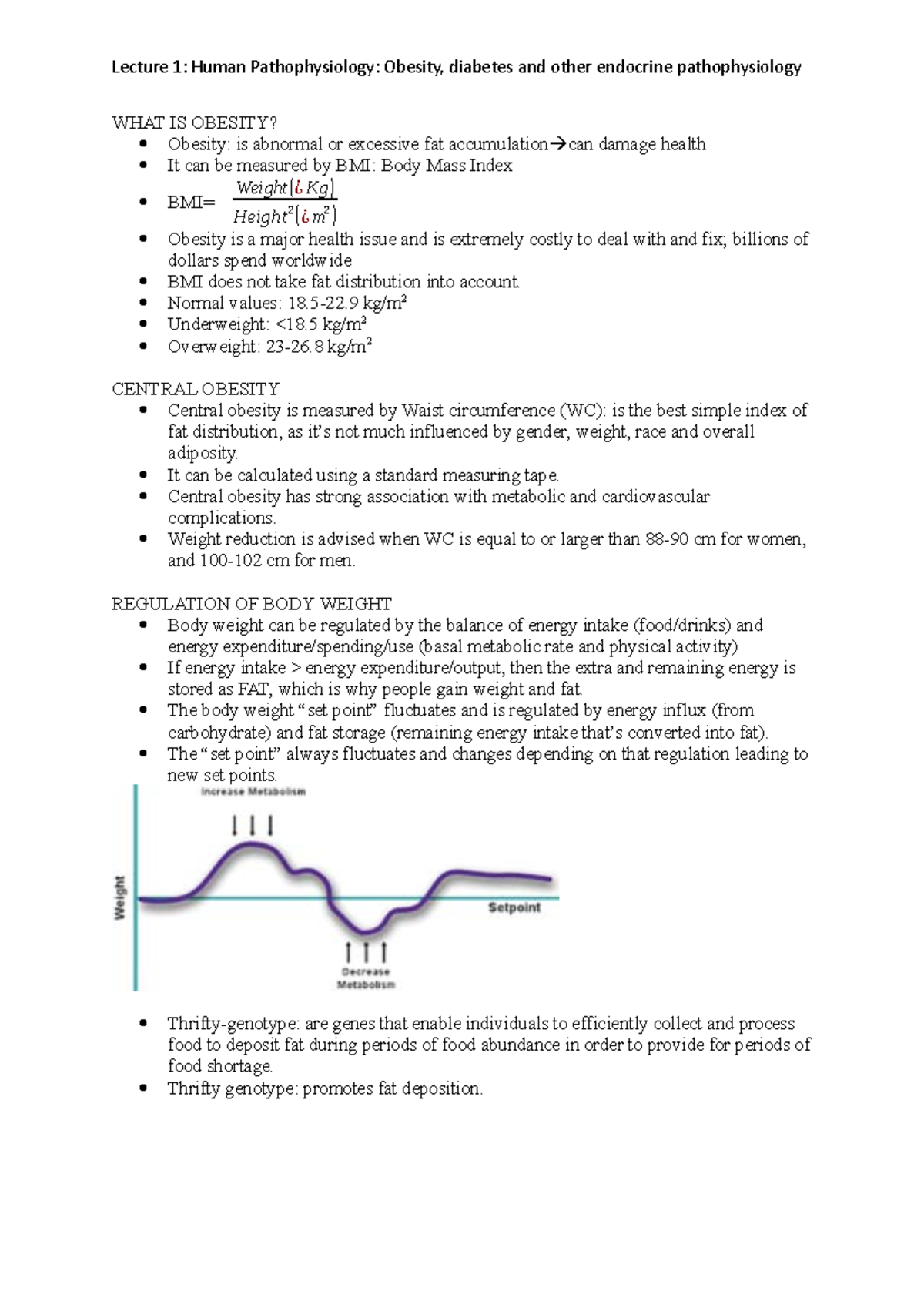 Lecture 1 notes - Lecture 1: Human Pathophysiology: Obesity, diabetes ...