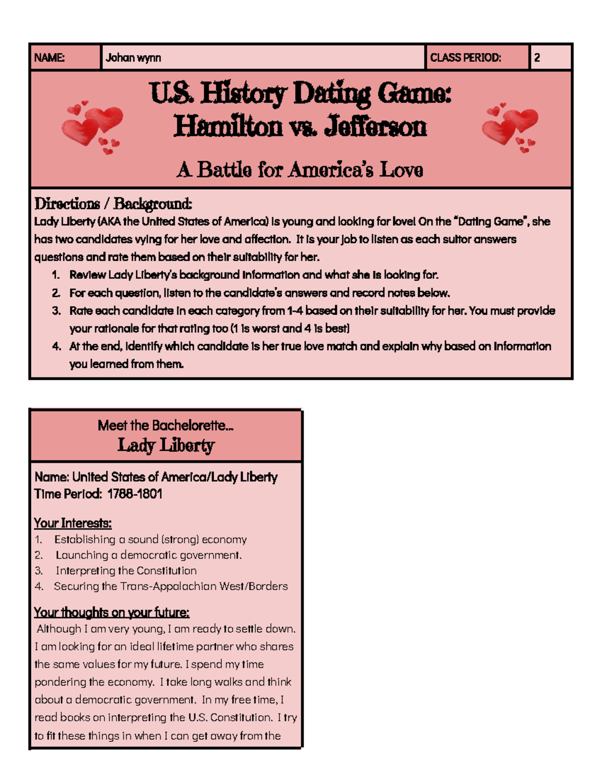 John wynn Hamilton vs. Jefferson Dating Game - NAME: Johan wynn CLASS ...
