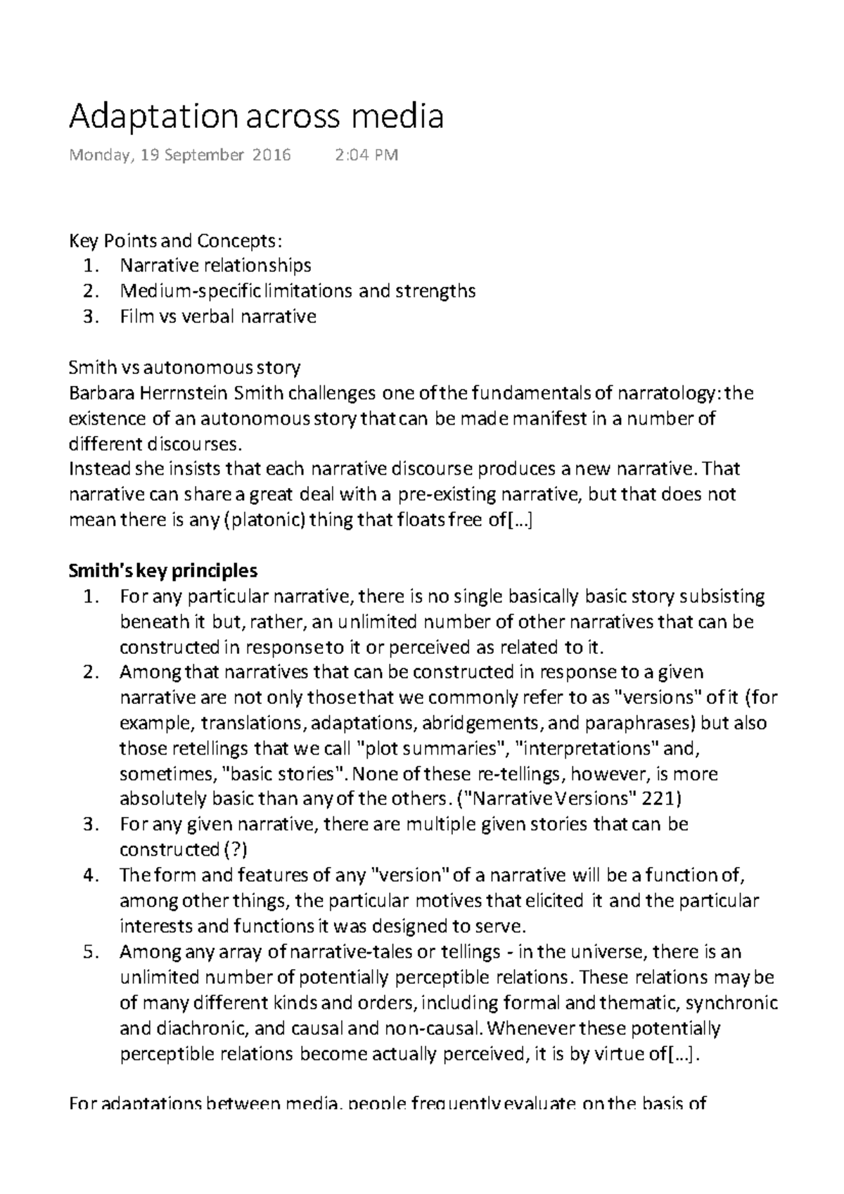 Adaptation across media - Narrative relationships Medium -specific ...