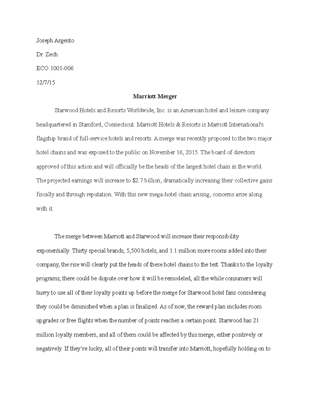 Micro Essay - Joseph Argento Dr. Zech ECO 1001- 12/7/ Marriott Merger ...