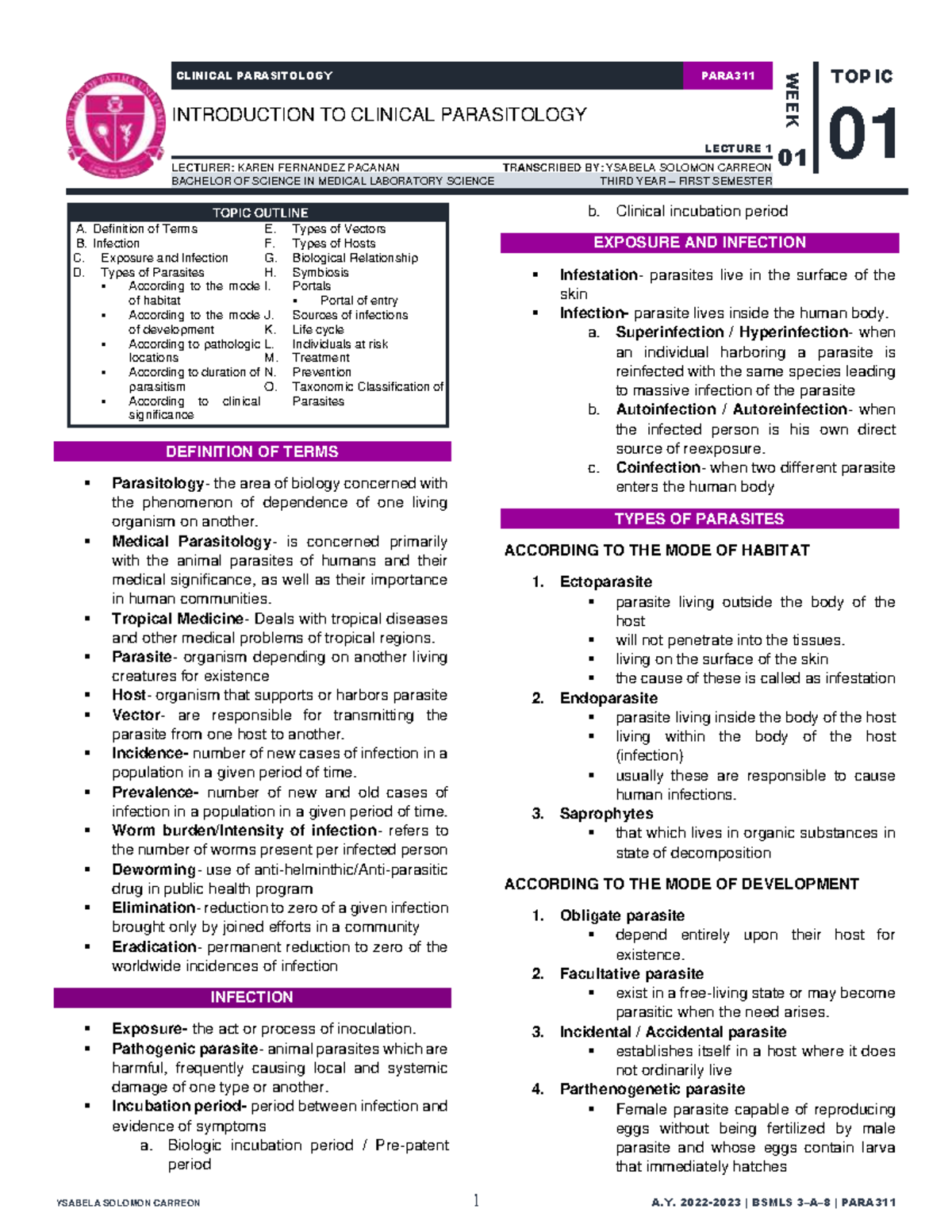 PARA311LEC Introduction to Clinical Parasitology - DEFINITION OF TERMS ...