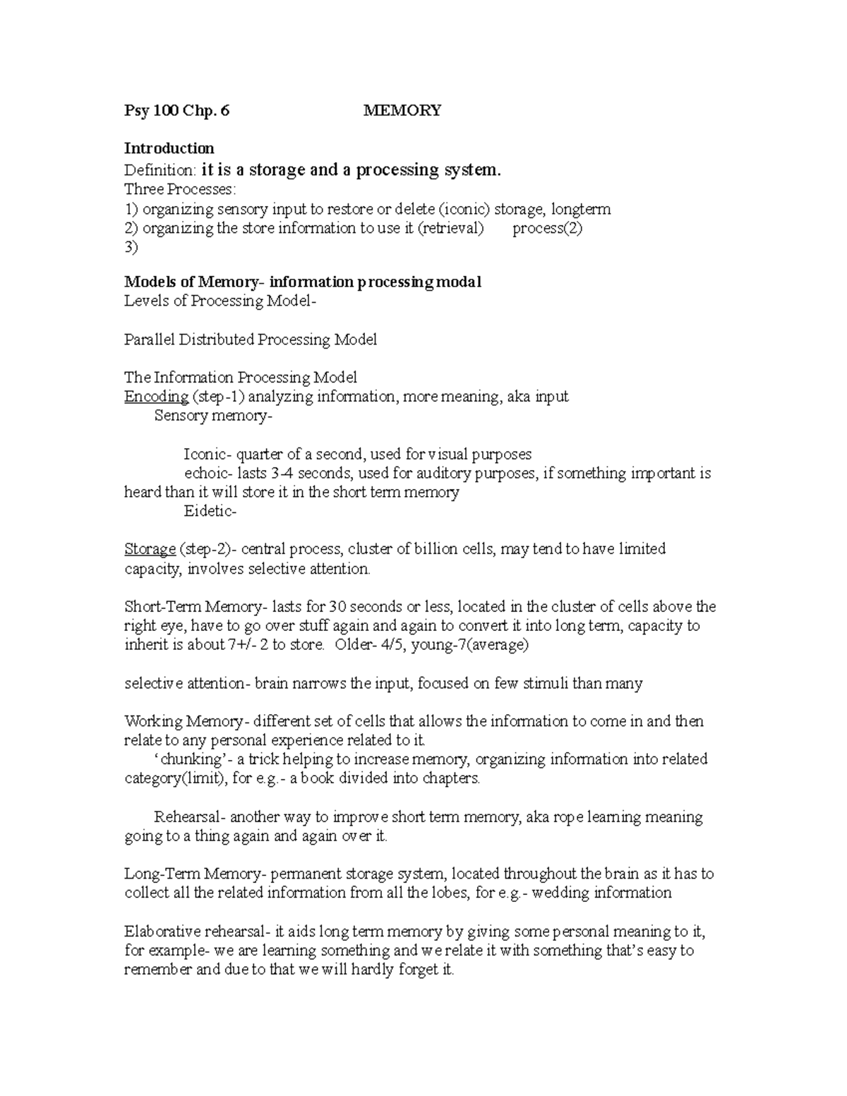 C 6 Memory Outline Lecture Notes 3 Psy 100 Chp 6 Memory Introduction Definition It Is A