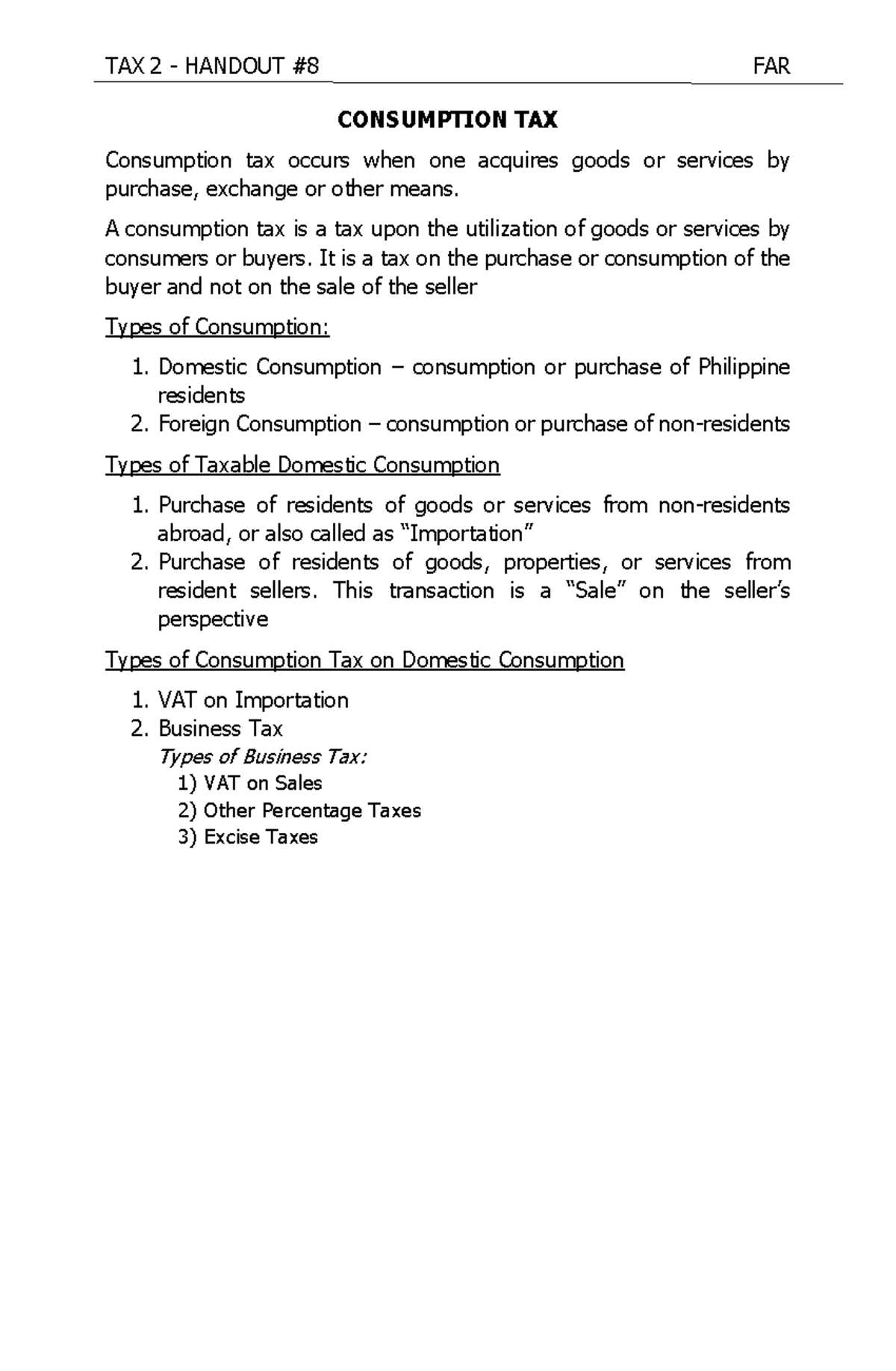 Handout #8 - Consumption Tax - Business Taxation - CONSUMPTION TAX ...