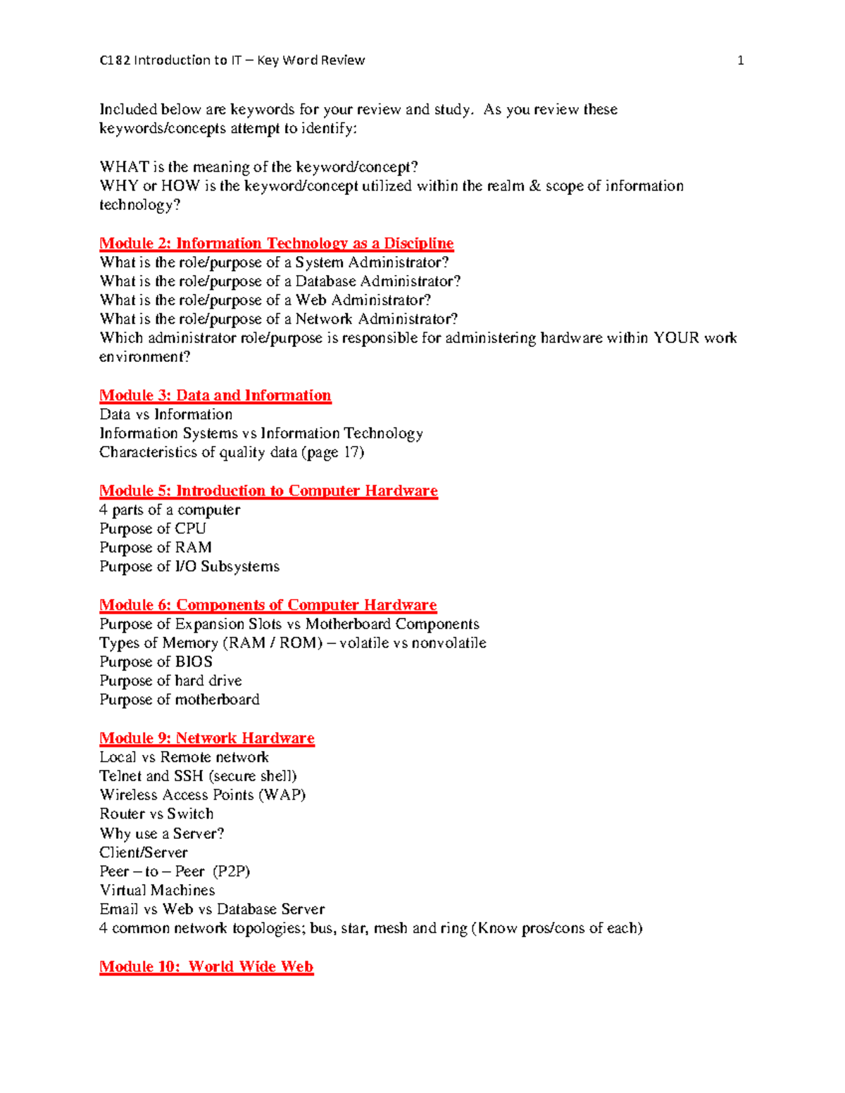 Study Notes for C182 Original - Included below are keywords for your ...