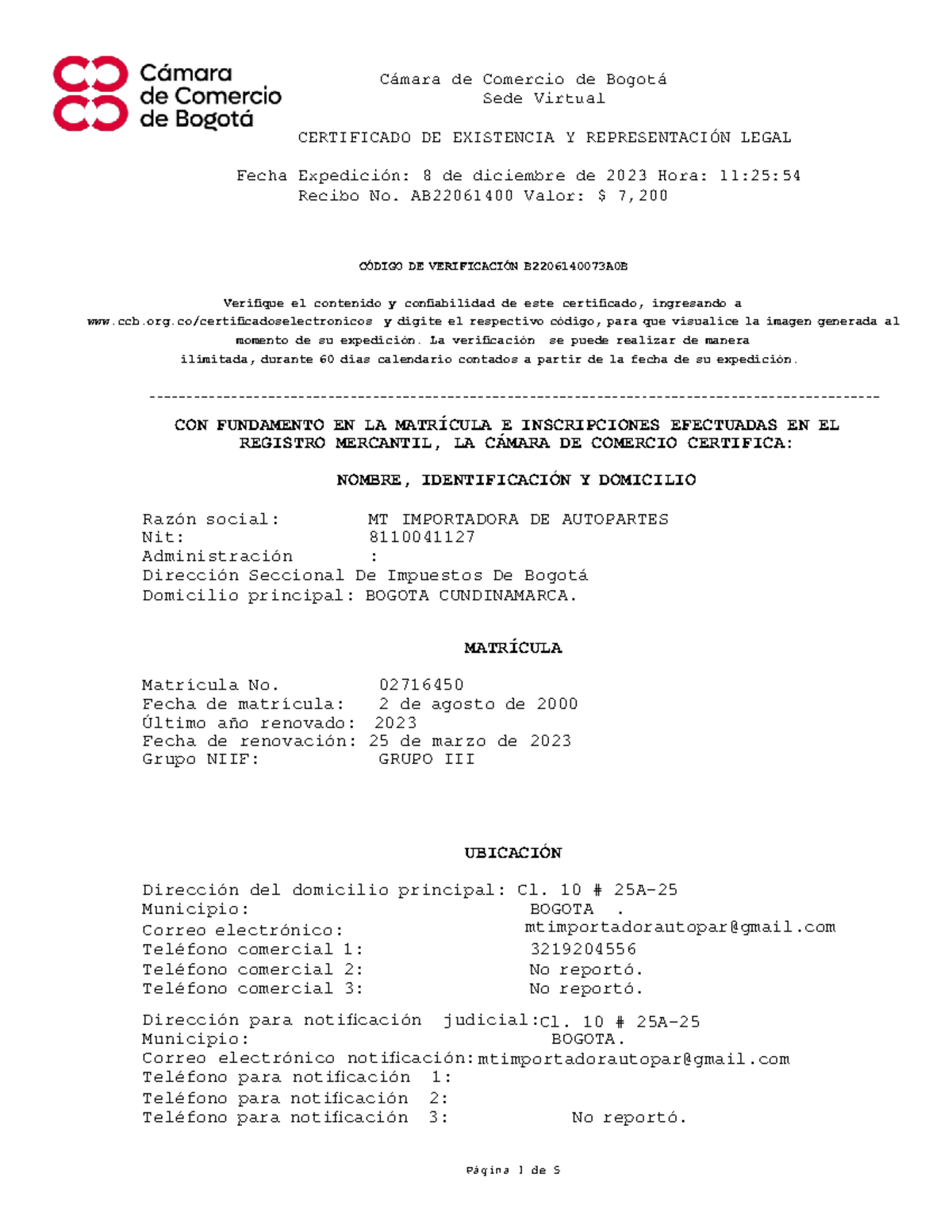 Camara DE Comercio MT Importadora - Sede Virtual CERTIFICADO DE EXISTENCIA Y REPRESENTACIÓN ...