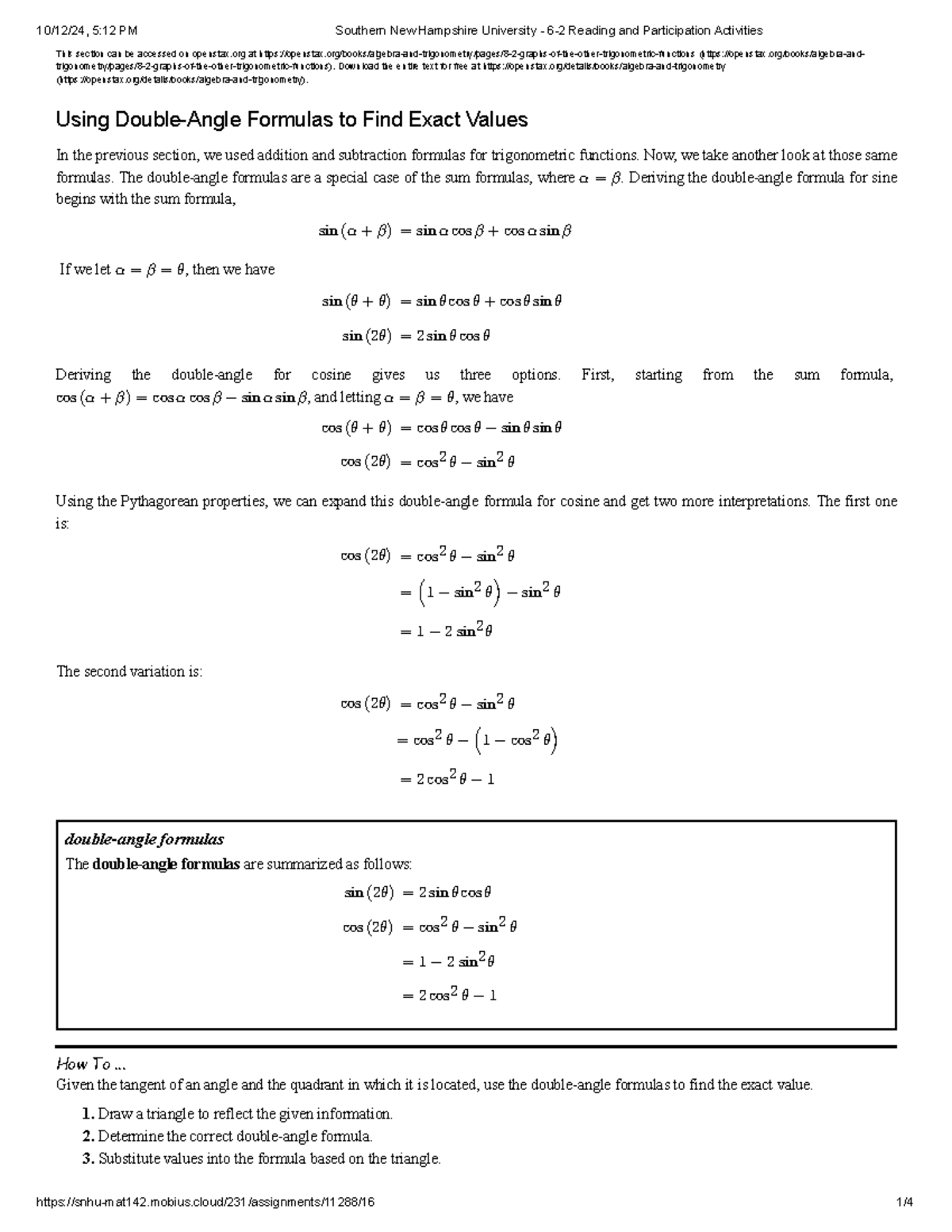 Southern New Hampshire University - 6-15 Using Double Angle Formulas to ...