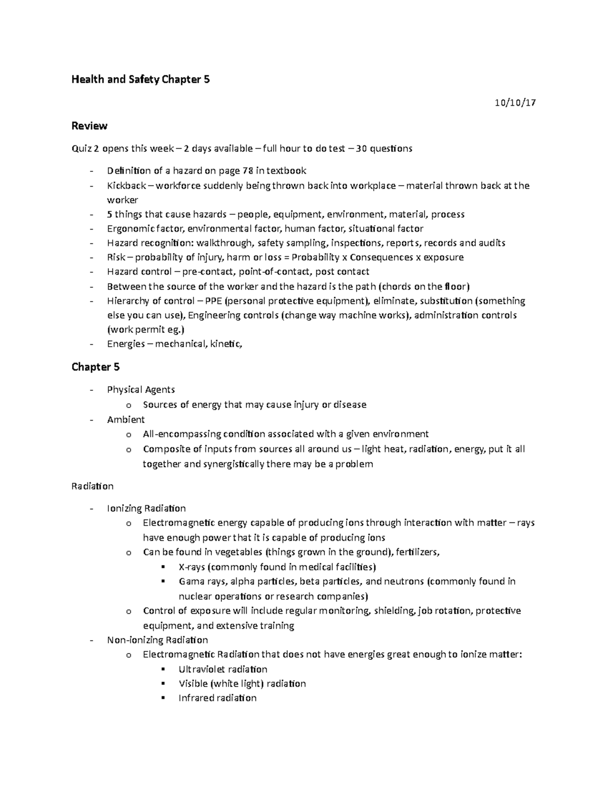 Chapter 5 and 6 - Health and Safety Chapter 5 10/10/17 Review Quiz 2 ...