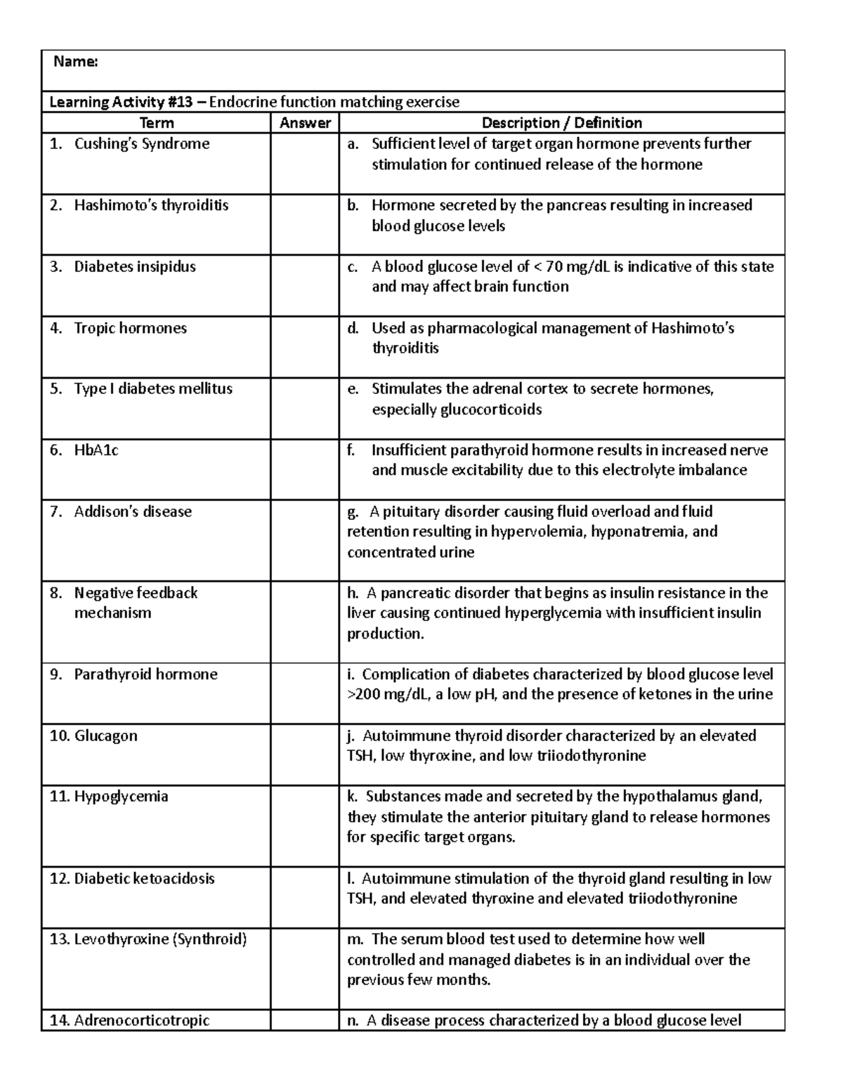 Learning activity #13 - endocrine function matching - Name: Learning ...