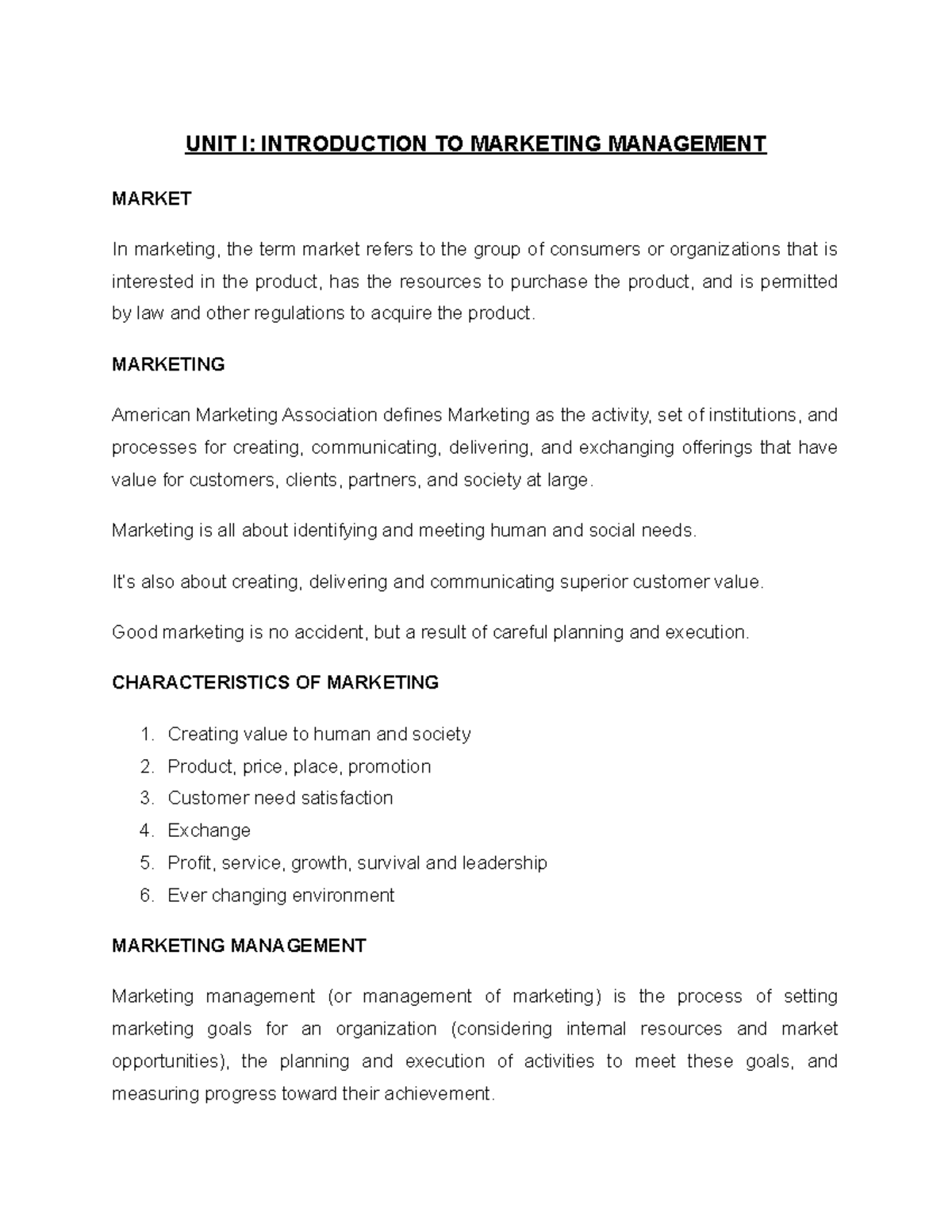 Chapter I - INTRODUCTION - UNIT I: INTRODUCTION TO MARKETING MANAGEMENT ...