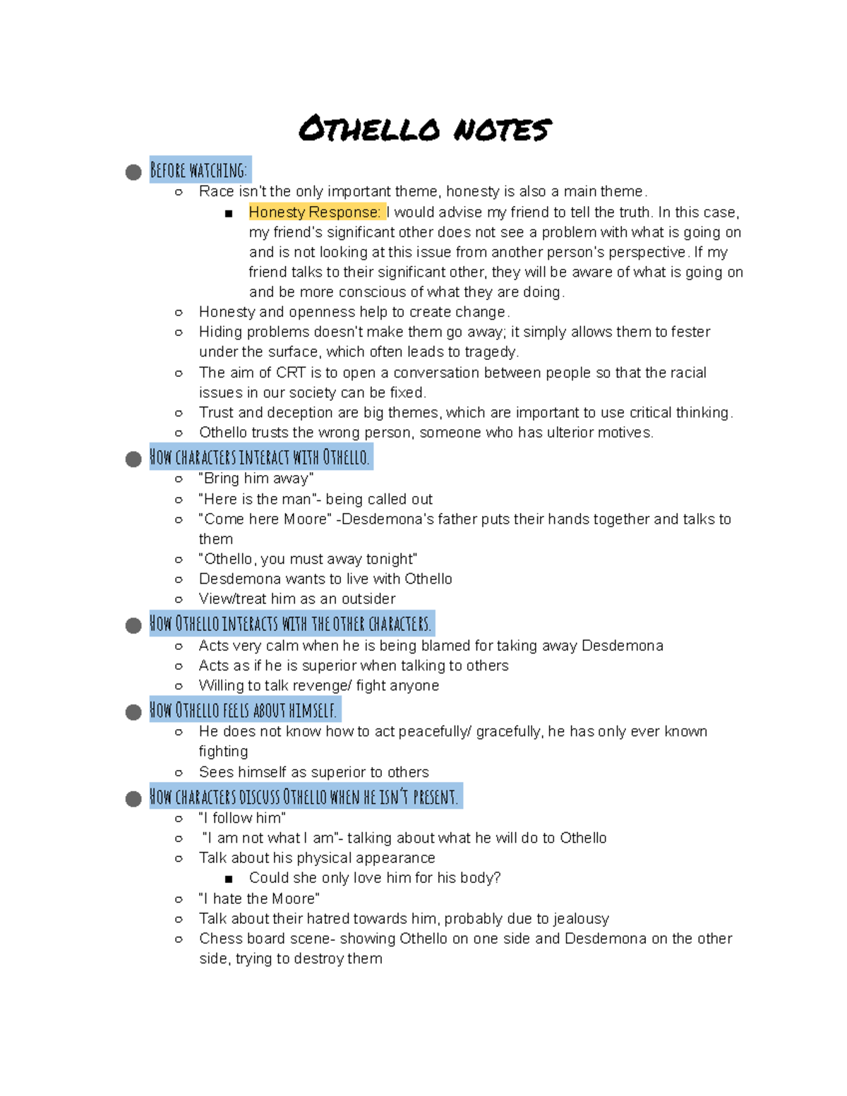 Othello Movie Notes - Othello notes Before watching: Race isn’t the ...