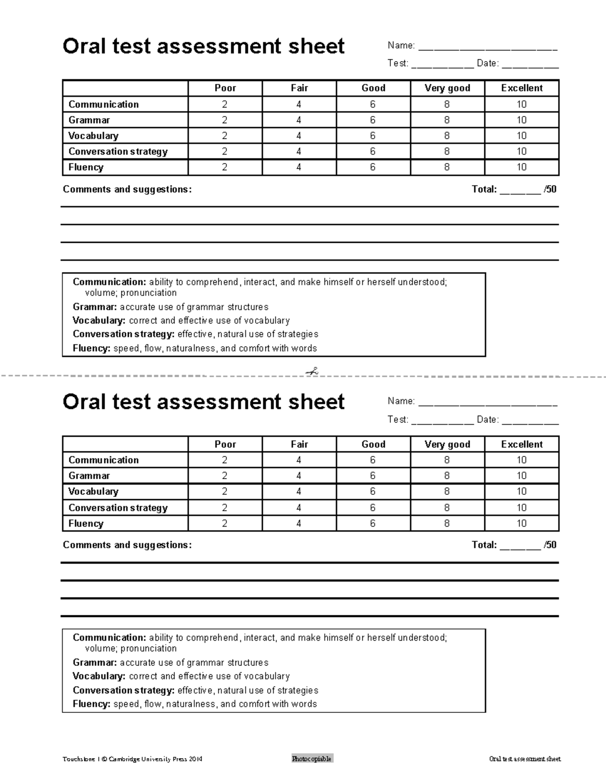 Assessment Sheet - ..... - Touchstone 1 © Cambridge University Press ...