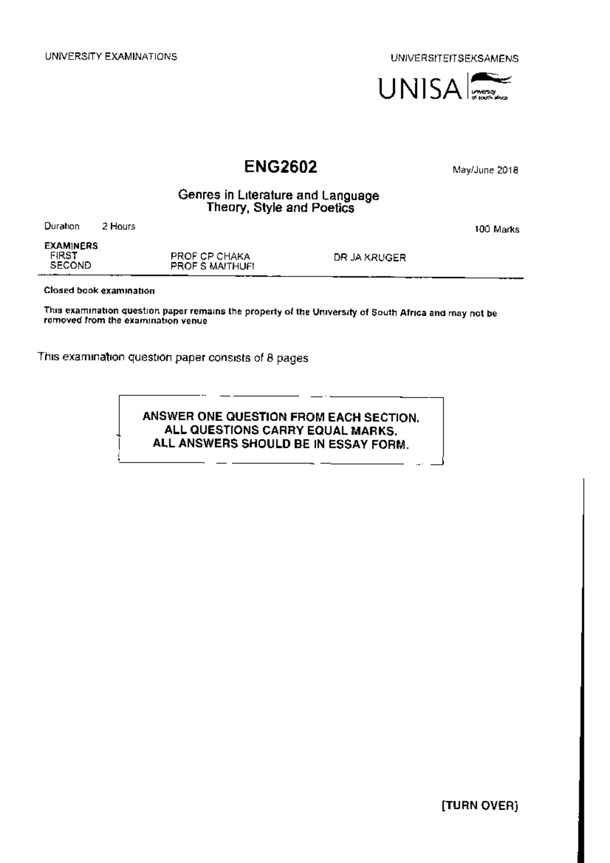 ENG2602 2018 6 E 1 - UNIVERSITY EXAMINATIONS UNIVERSITEITSEKSAMENS A E ...
