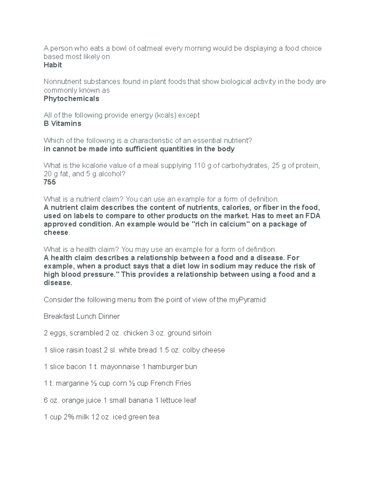 DIT Final Study Guide - A person who eats a bowl of oatmeal every ...