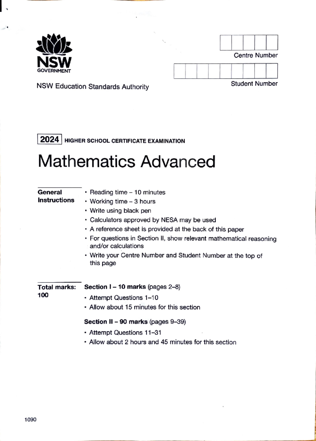 Advanced Maths HSC 2024 blank - Centre Number NSW GOVERNMENT NSW ...