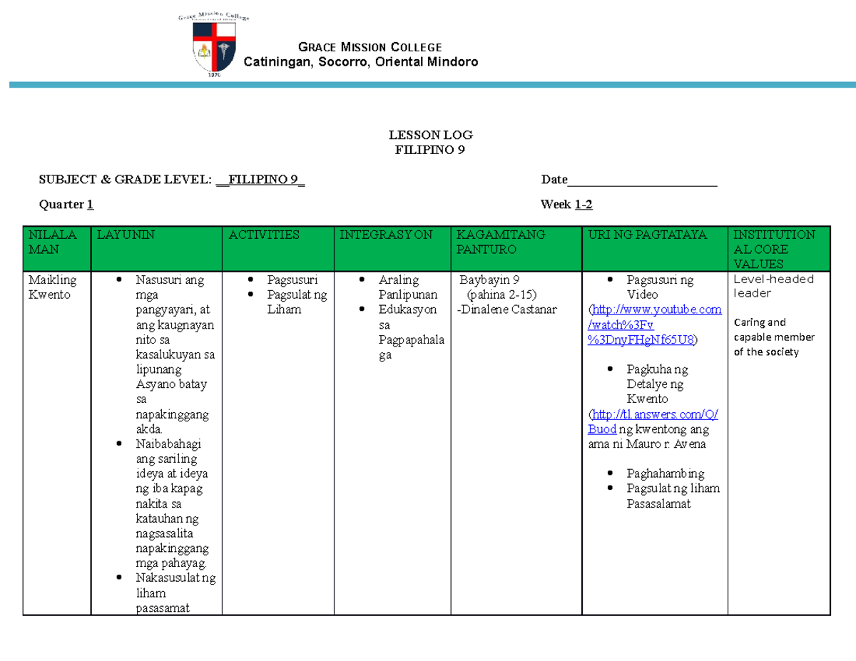 Lesson Log 9 - xzcfcz - GRACE MISSION COLLEGE Catiningan, Socorro ...