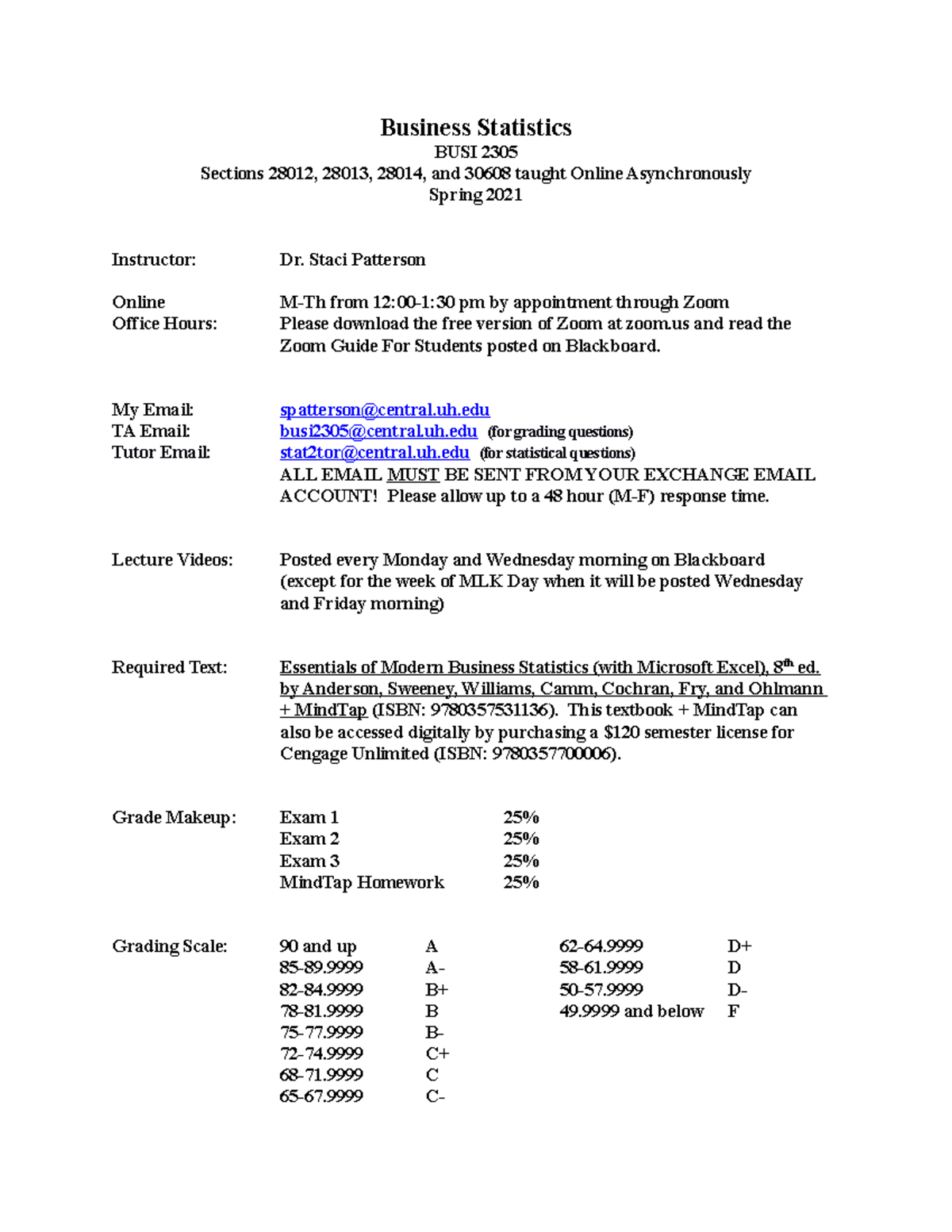 BUSI2305 Syllabus - Business Statistics BUSI 2305 Sections 28012, 28013 ...