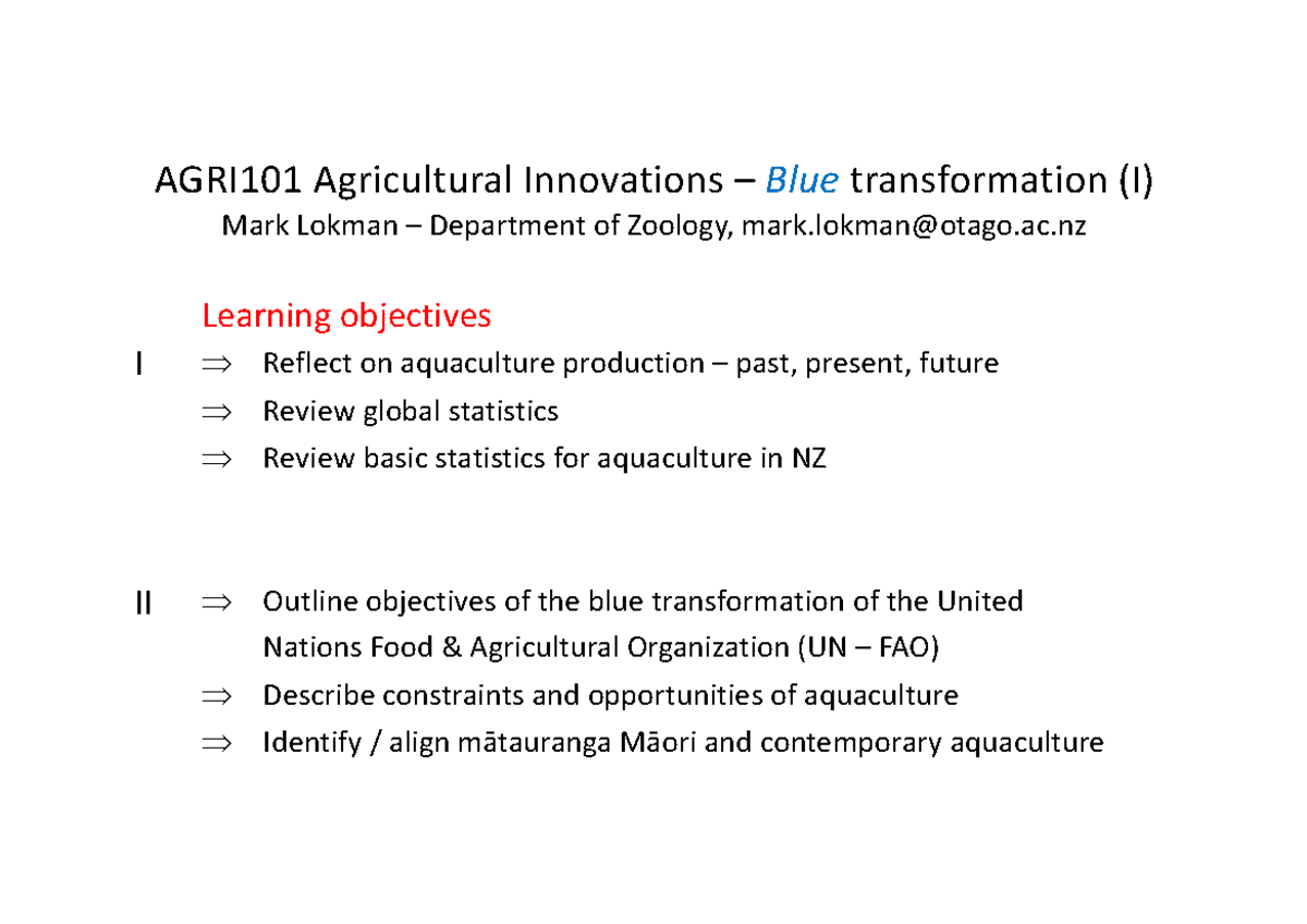 Aquaculture 1 - 4 Oct - AGRI101 Agricultural Innovations – Blue ...