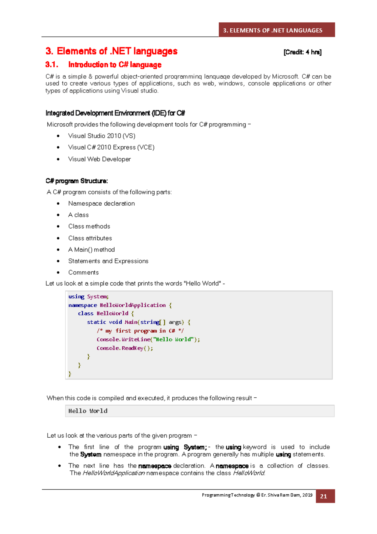 Chapter 3 of pt - 3. Elements of .NET languages [Credit: 4 hrs] 3. Introduction to C# language ...