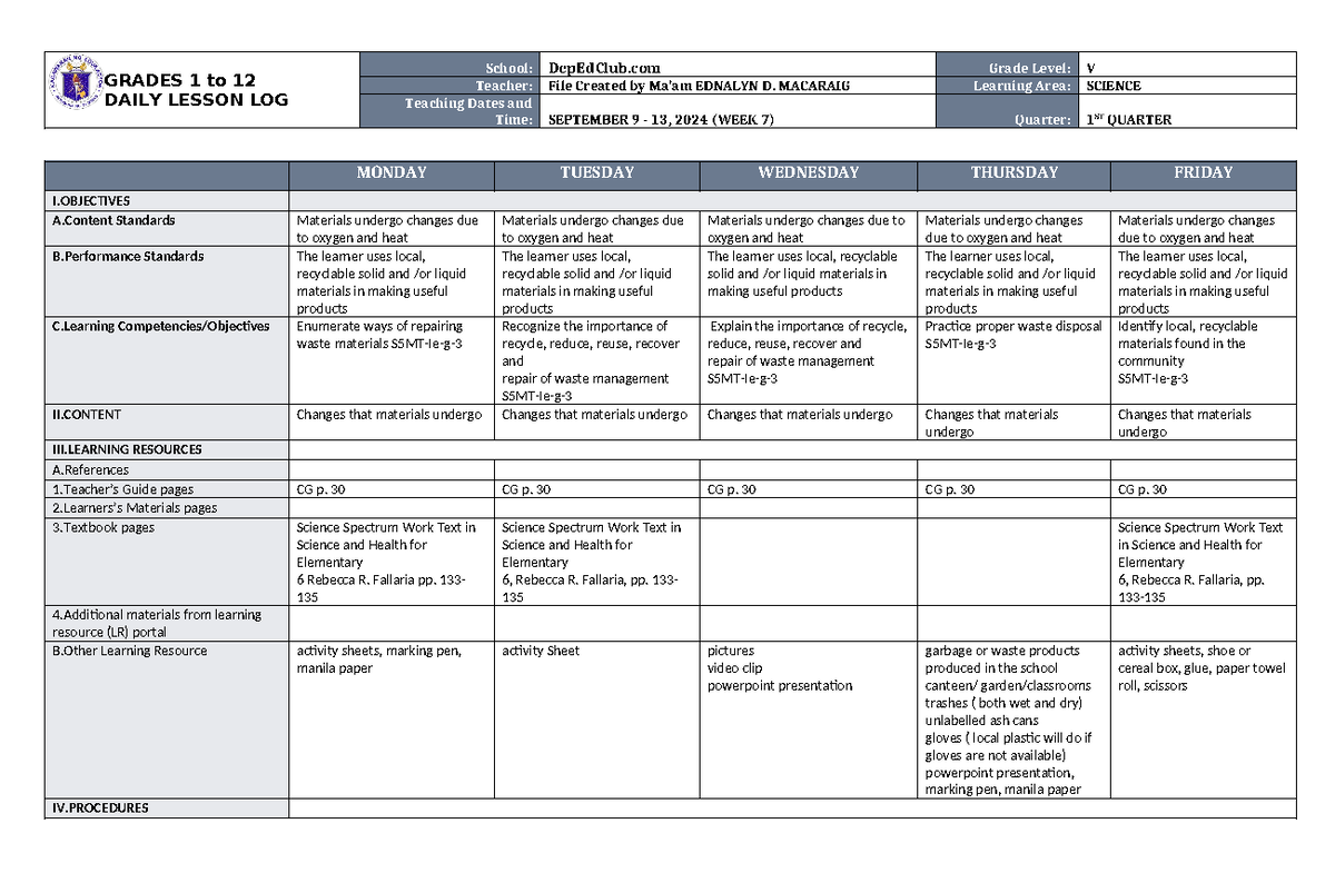 DLL Science 5 Q1 W7 - this is for grade 5 - GRADES 1 to 12 DAILY LESSON ...