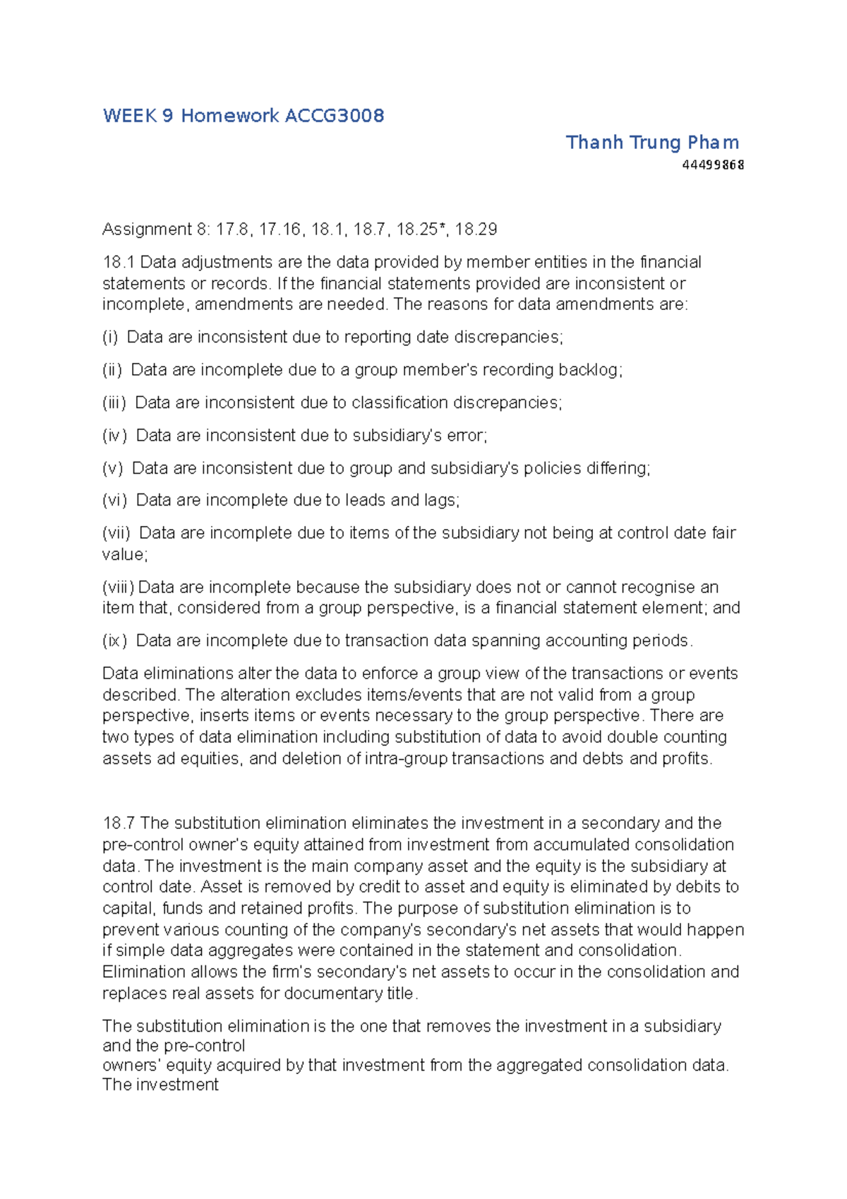 WEEK 9 Homework ACCG3008 - WEEK 9 Homework ACCG Thanh Trung Pham ...