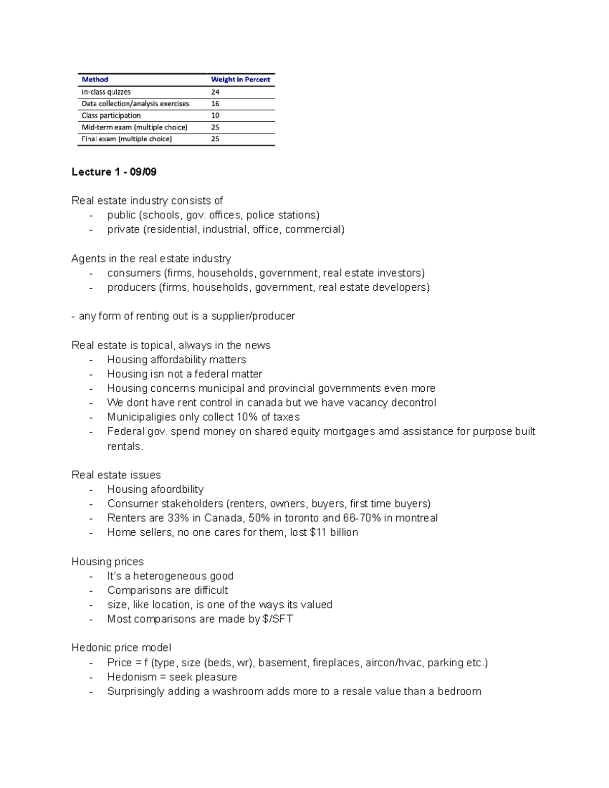REM 300 Notes - Lecture 1 - 09/ Real estate industry consists of ...