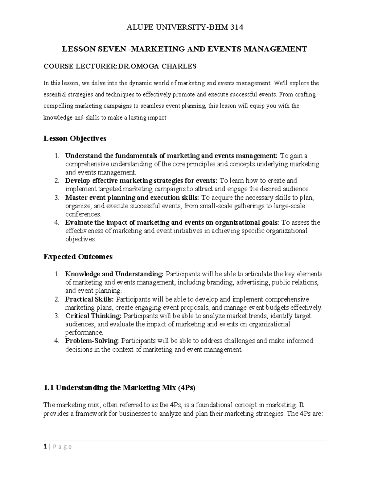 Lesson Seven- Marketing AND Events Management - LESSON SEVEN -MARKETING ...