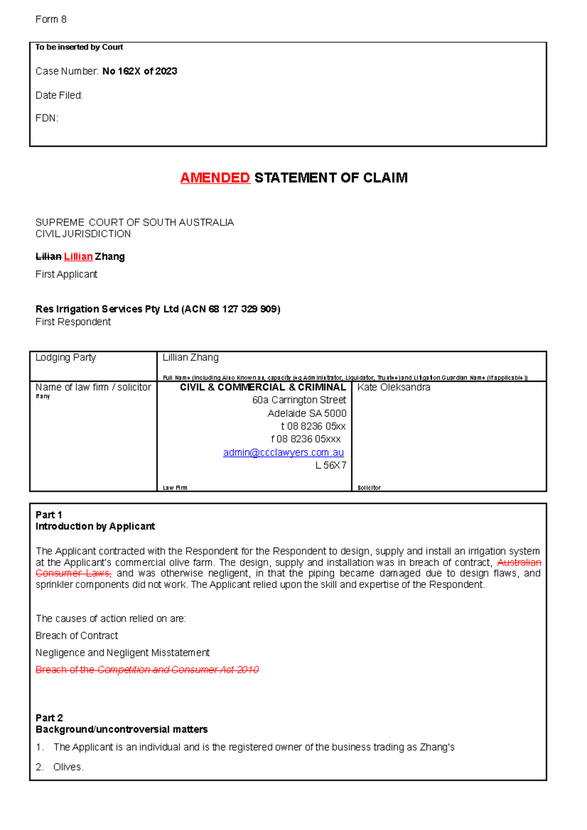 Zhang v RES Amended Statement of Claim 2023 - To be inserted by Court ...