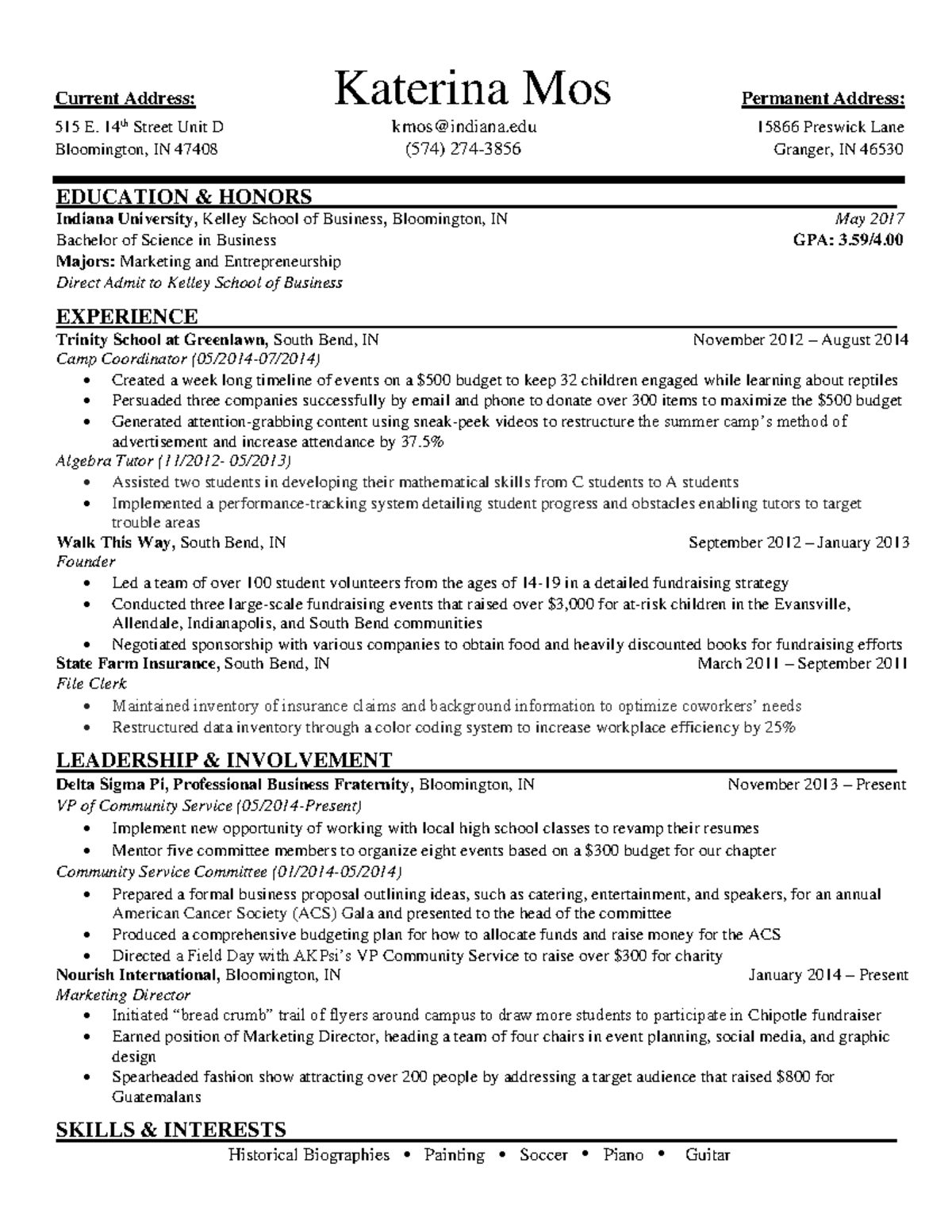 Resume Example 2 - Current Address: Katerina Mos Permanent Address: 515 ...
