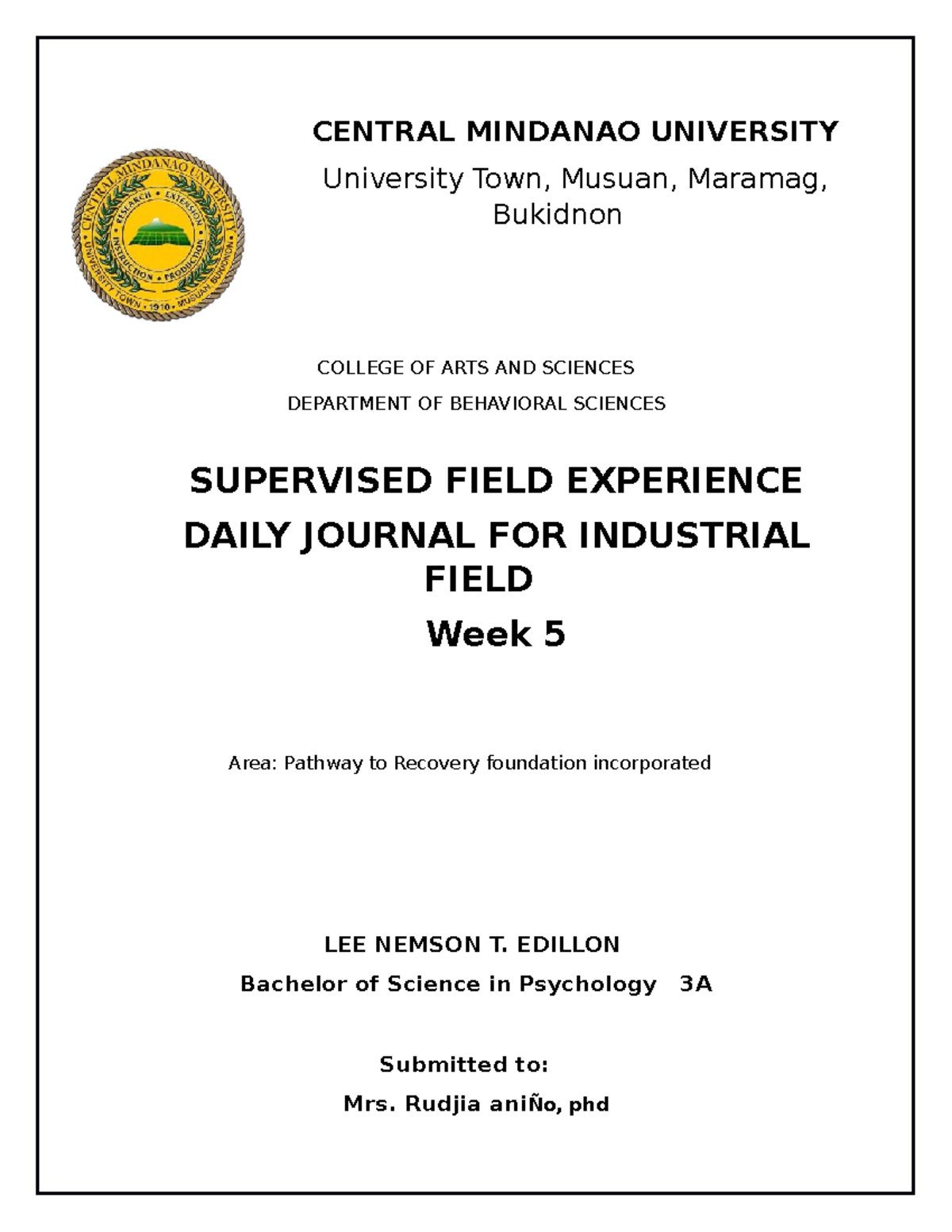 LEE SFE Clinical WEEK 5 - Daily Journal - COLLEGE OF ARTS AND SCIENCES ...