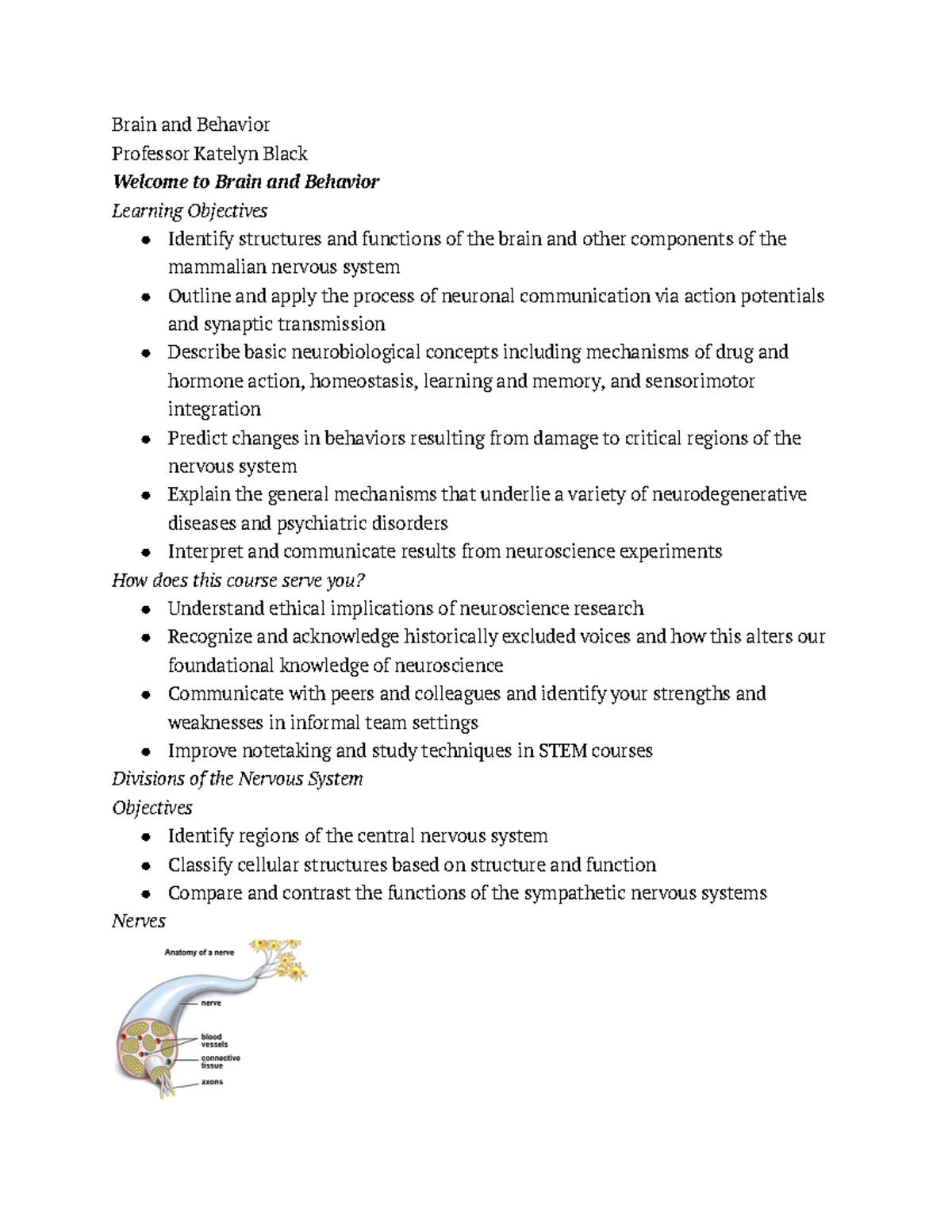 Brain and Behavior Notes - Brain and Behavior Professor Katelyn Black ...