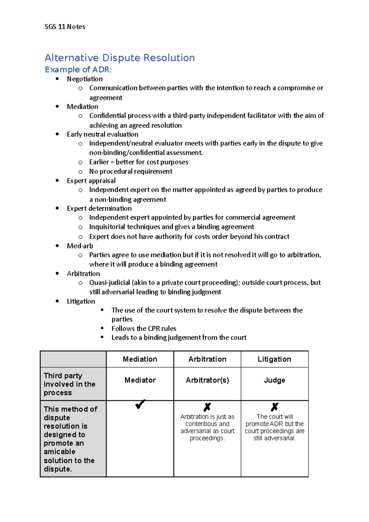 Alternative Dispute Resolution Notes - SGS 11 Notes Alternative Dispute ...