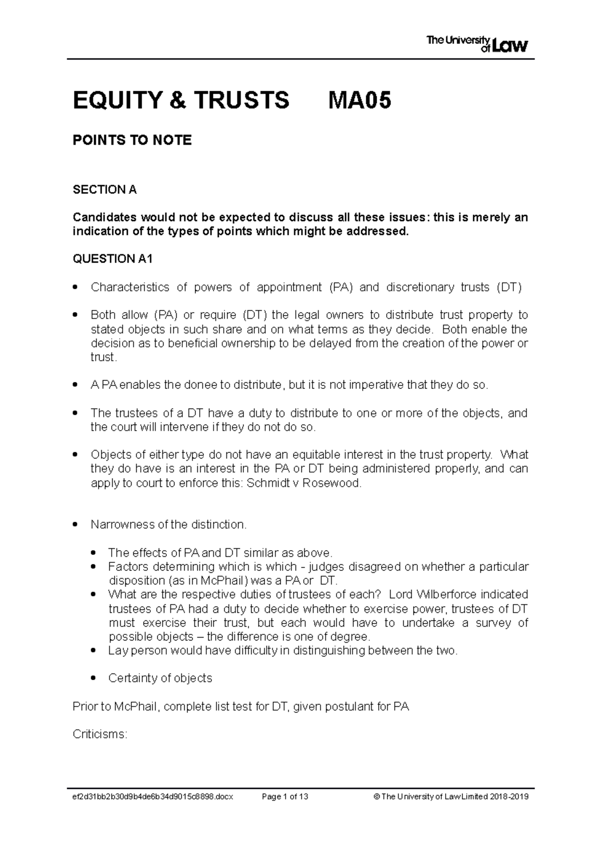 EQ JUNE Answres - answers for past paper - EQUITY & TRUSTS MA POINTS TO ...